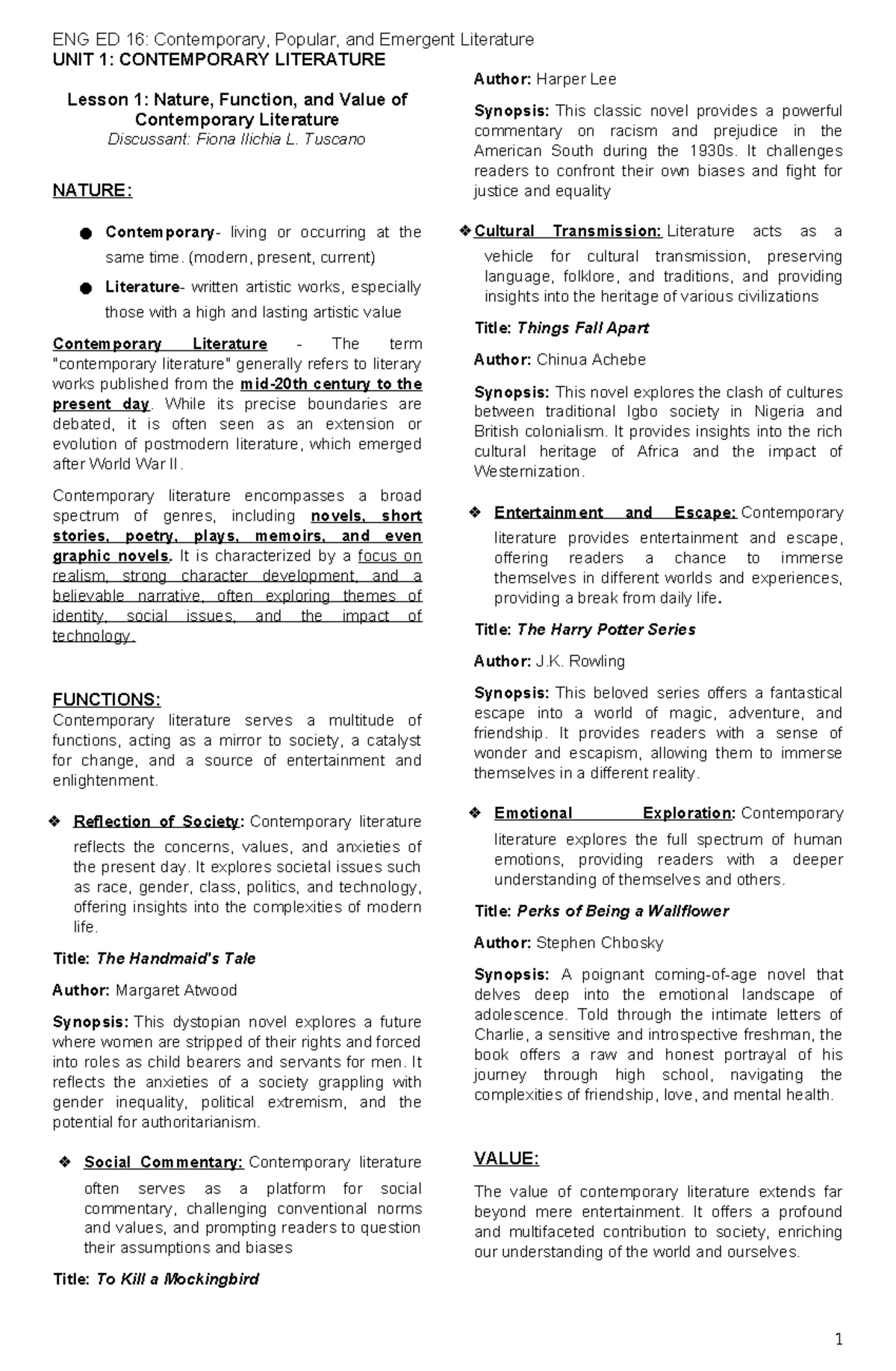 ENG ED 16 Unit 1: Overview of Contemporary Literature and Its Genres ...