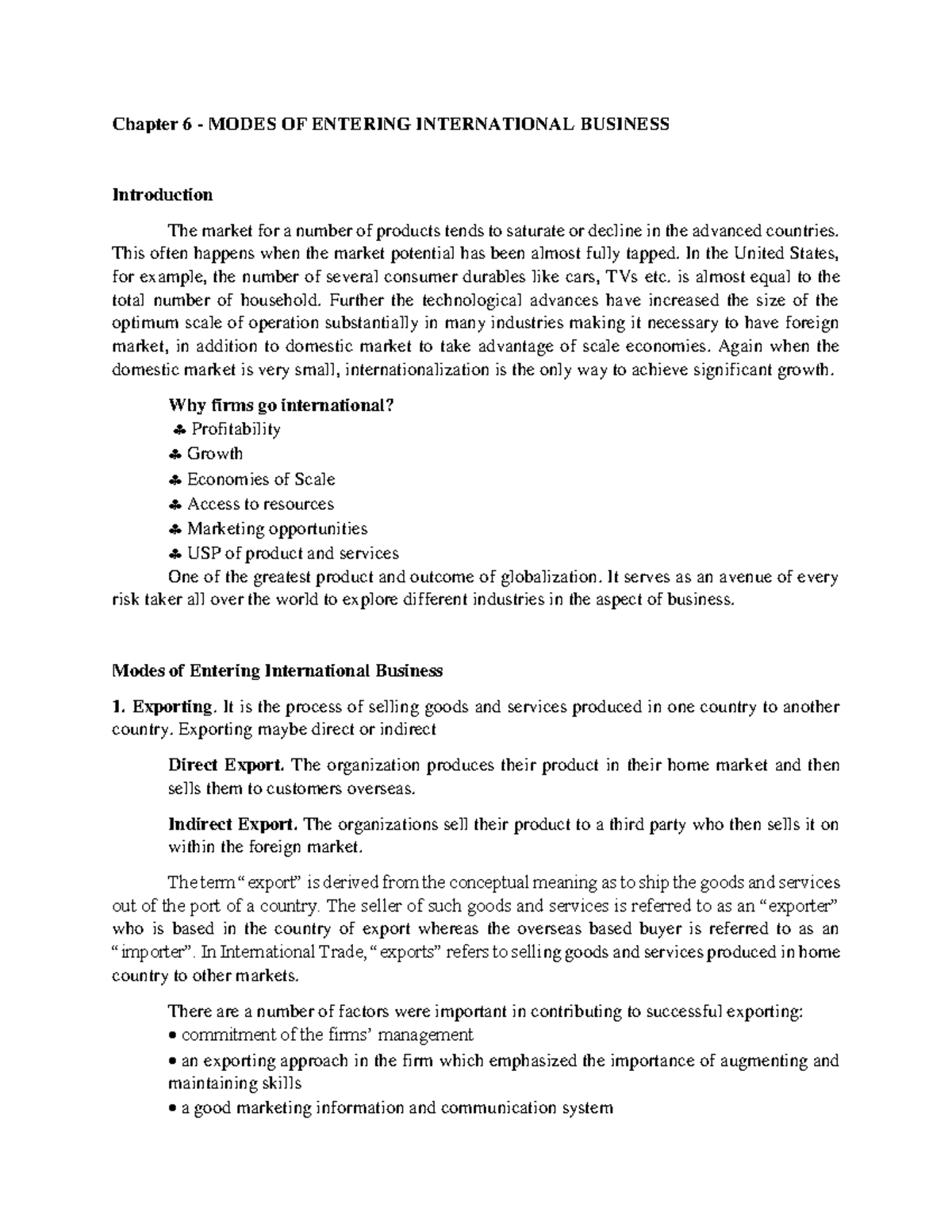 Chapter VI (IBT) - Economics - Chapter 6 - MODES OF ENTERING INTERNATIONAL BUSINESS Introduction ...