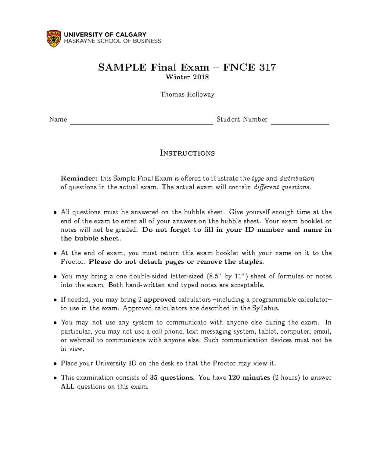 FNCE 317 Sample Final Exam Winter 2018 - Thomas Holloway - Studocu