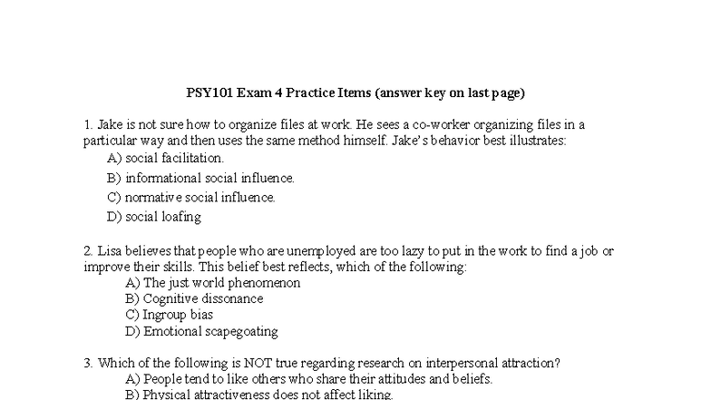PSY101 Final Exam Practice Questions & Answer Key - Studocu