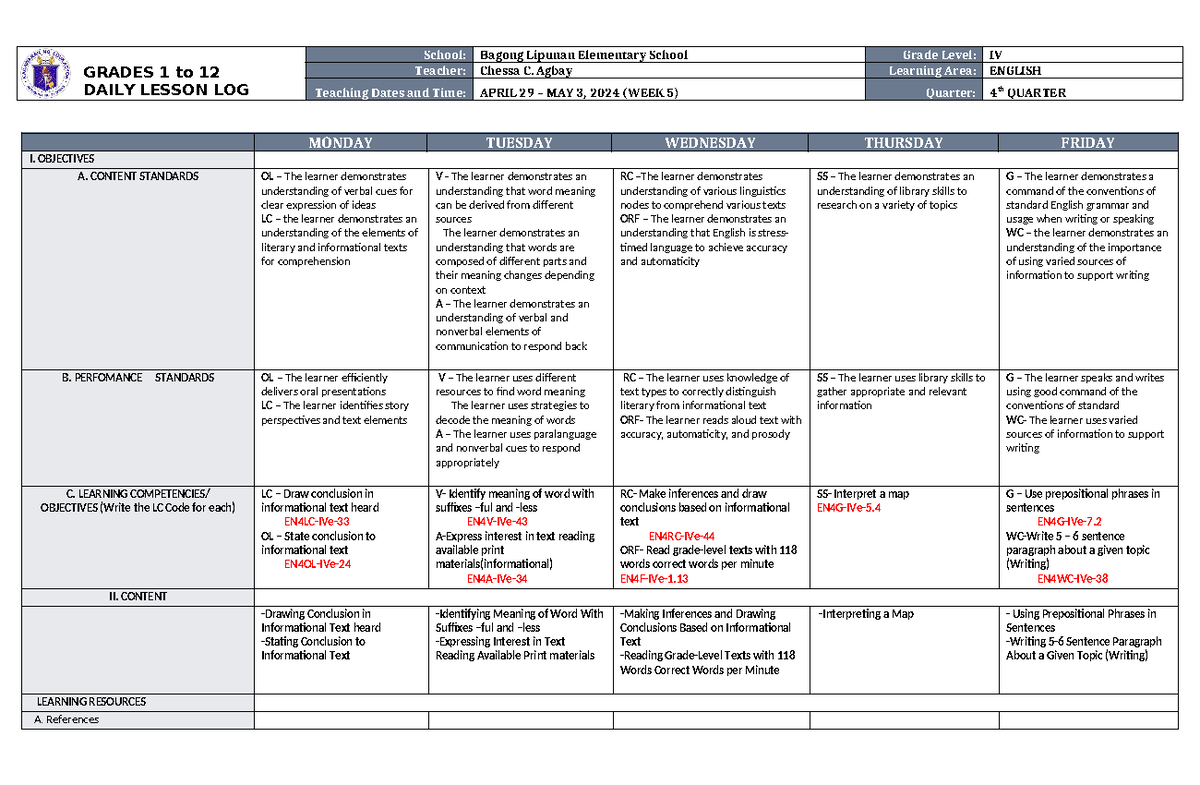 DLL English 4 Q4 Lesson Plan for Week 5 (April 29 - May 3, 2024) - Studocu