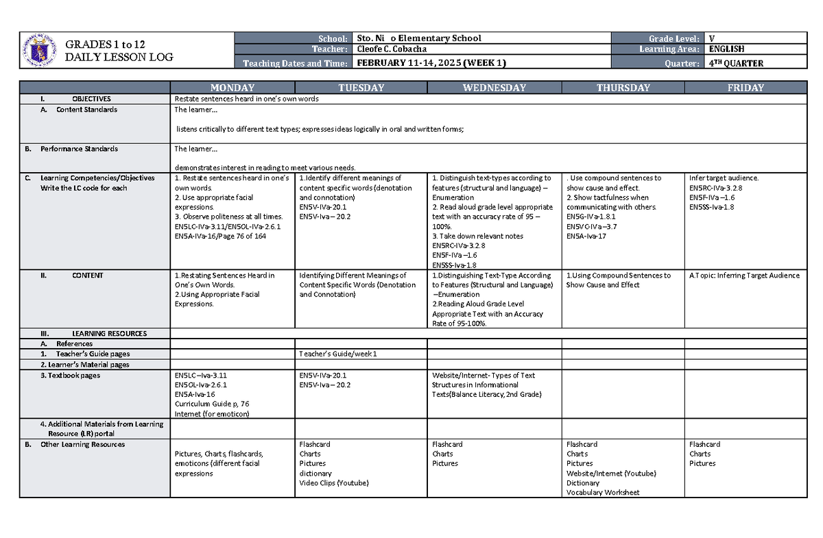 DLL ENGLISH 5 Q4 W1 - Daily Lesson Log for Grade 5, Week 1 - Studocu