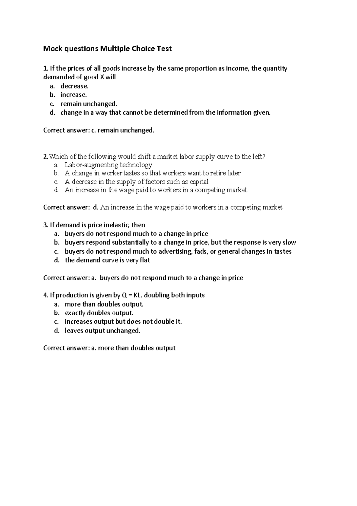 Mock Questions: MC Test 1 on Demand & Supply Concepts - Studocu