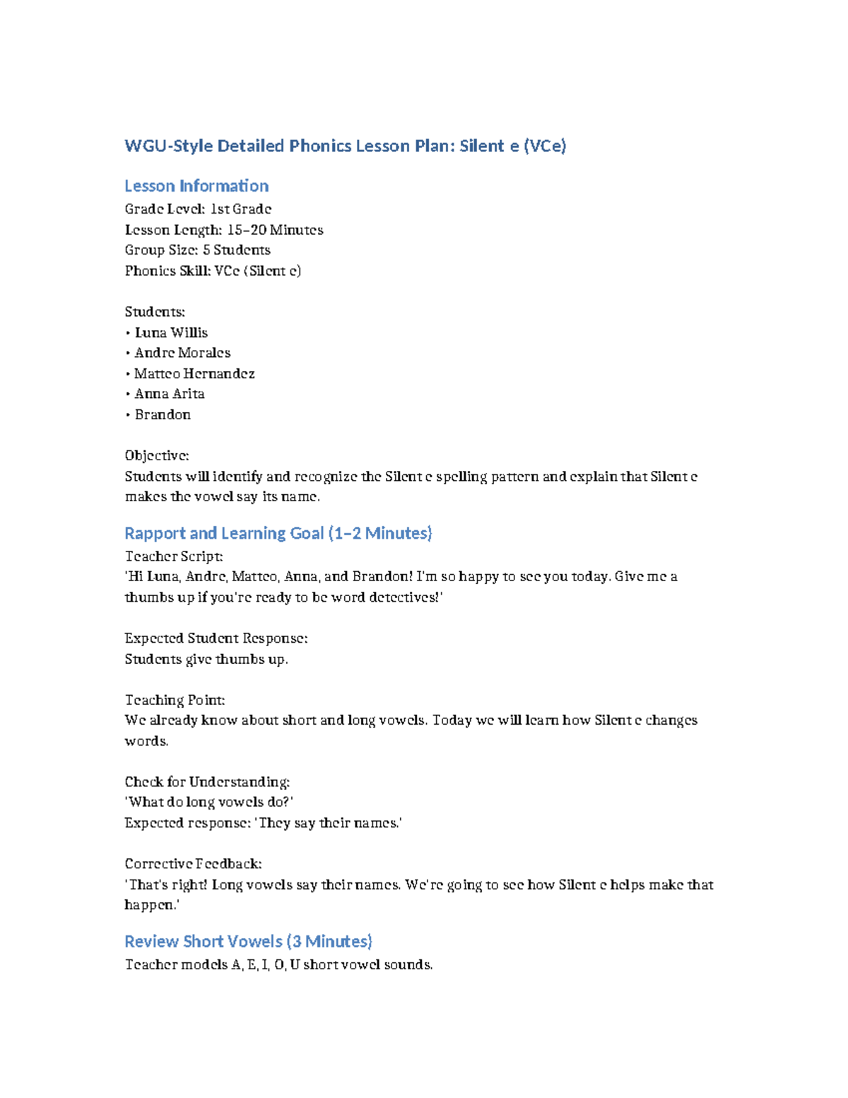 WGU 1st Grade Phonics Lesson Plan: Understanding Silent e (VCe) - Studocu