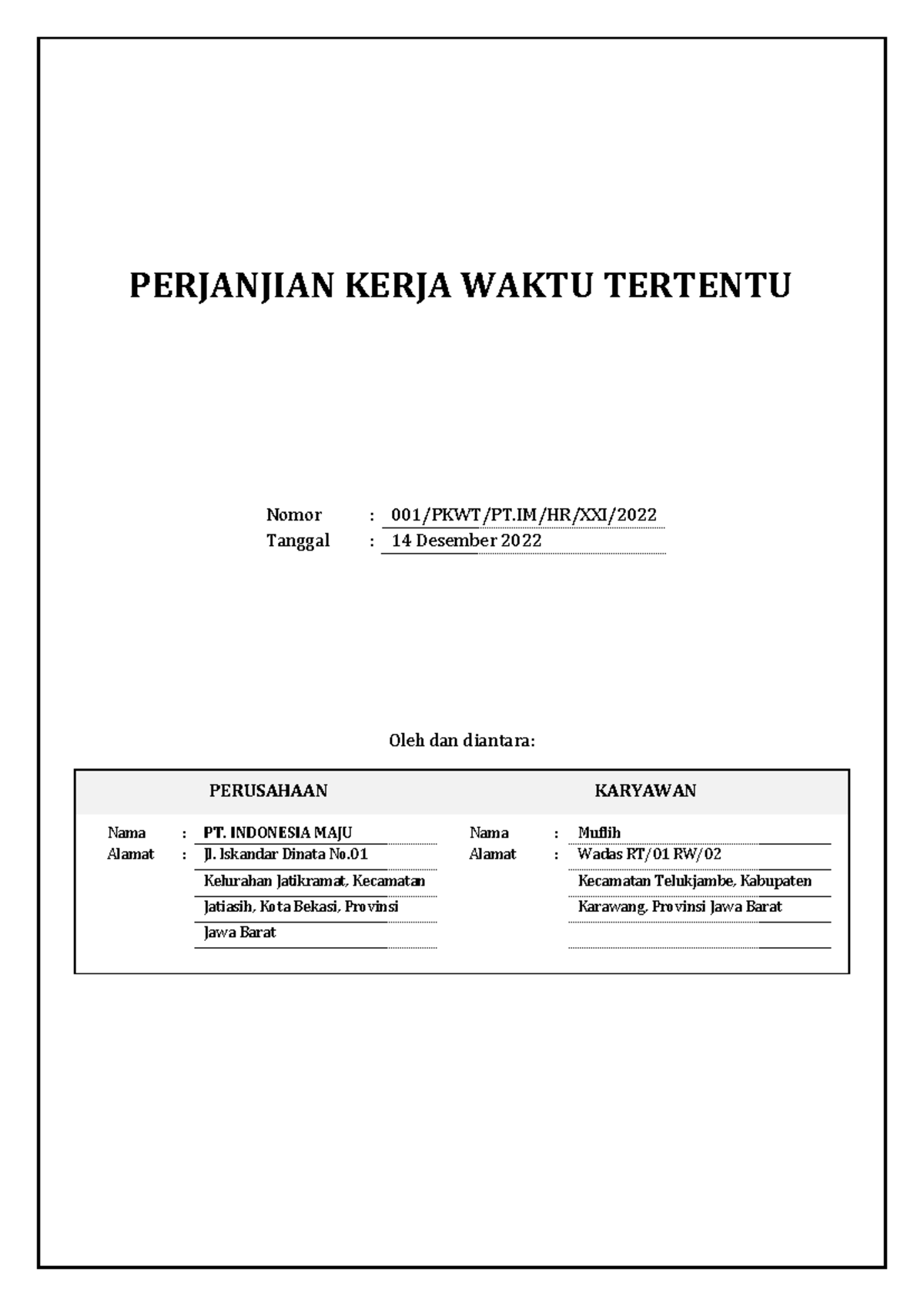 Perjanjian Kerja PKWT dan PKWTT di PT. Indonesia Maju - Studocu
