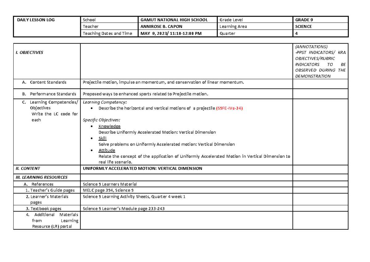 Uam vertical dimension - DAILY LESSON LOG School GAMUT NATIONAL HIGH ...