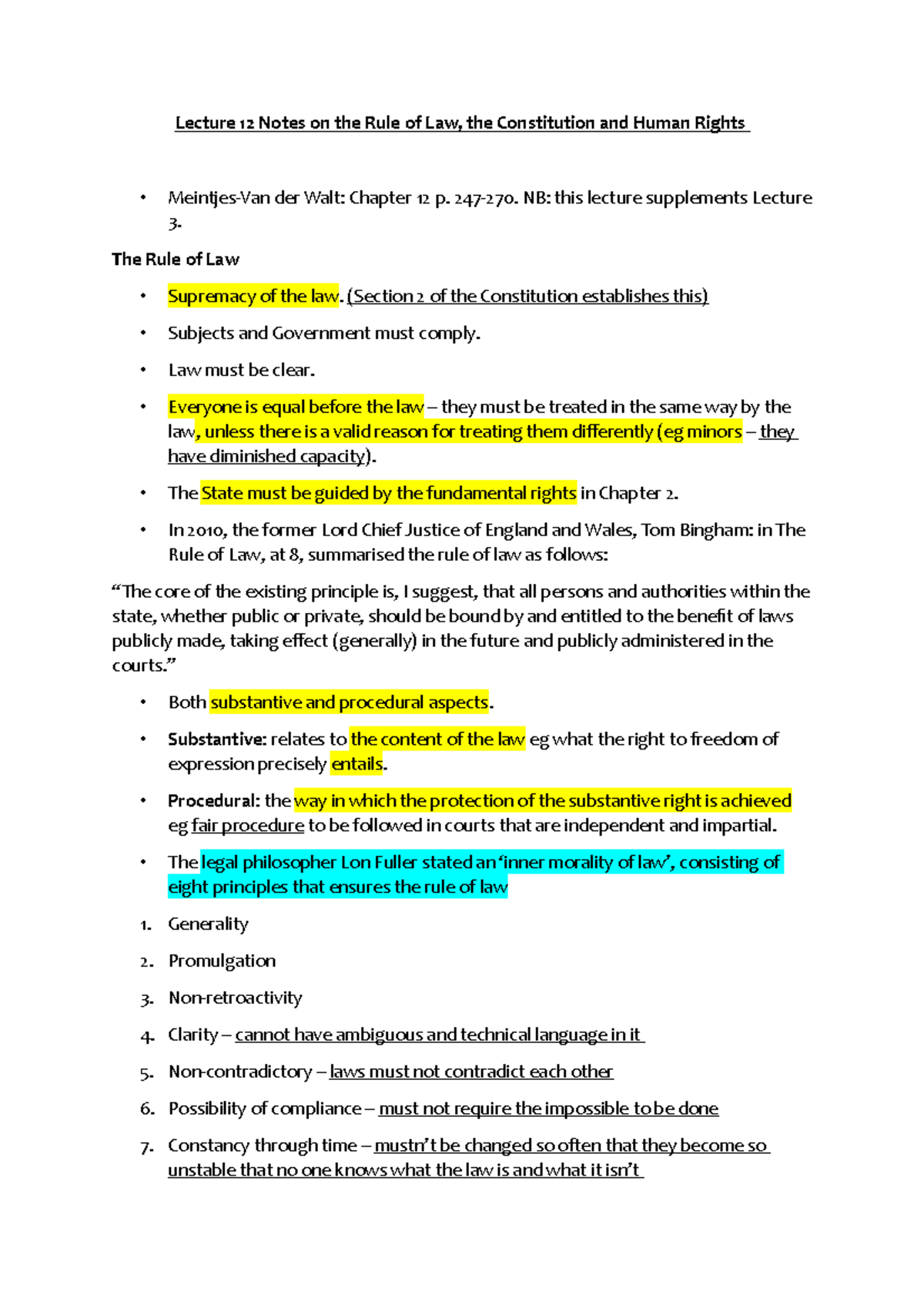 Lecture 12 Notes on the Rule of Law, Constitution, & Human Rights - Studocu