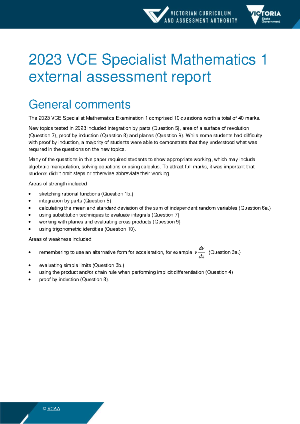 2023 VCE Specialist Mathematics 1 external assessment report summary ...