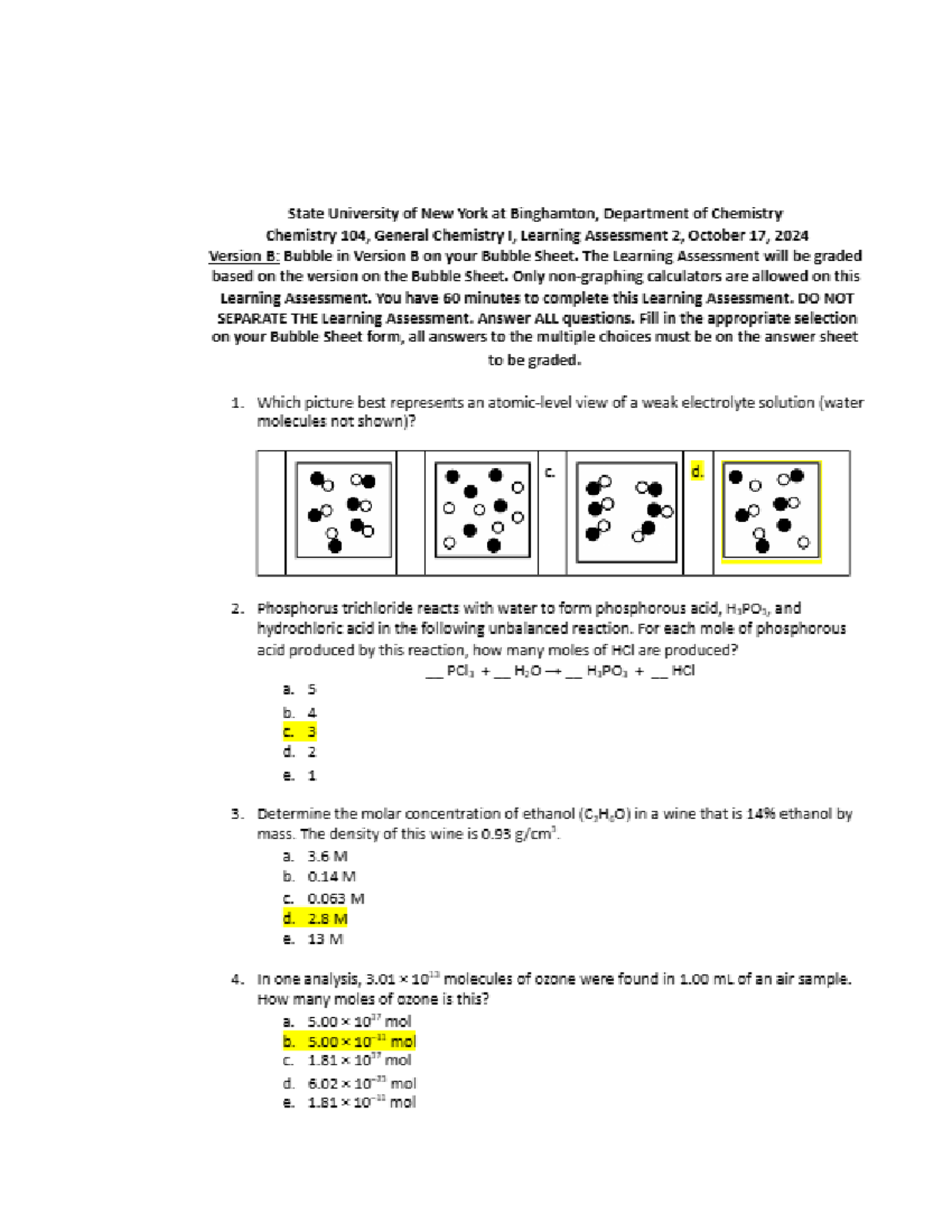 Chemistry 104: General Chemistry I Learning Assessment 2 - Version B ...