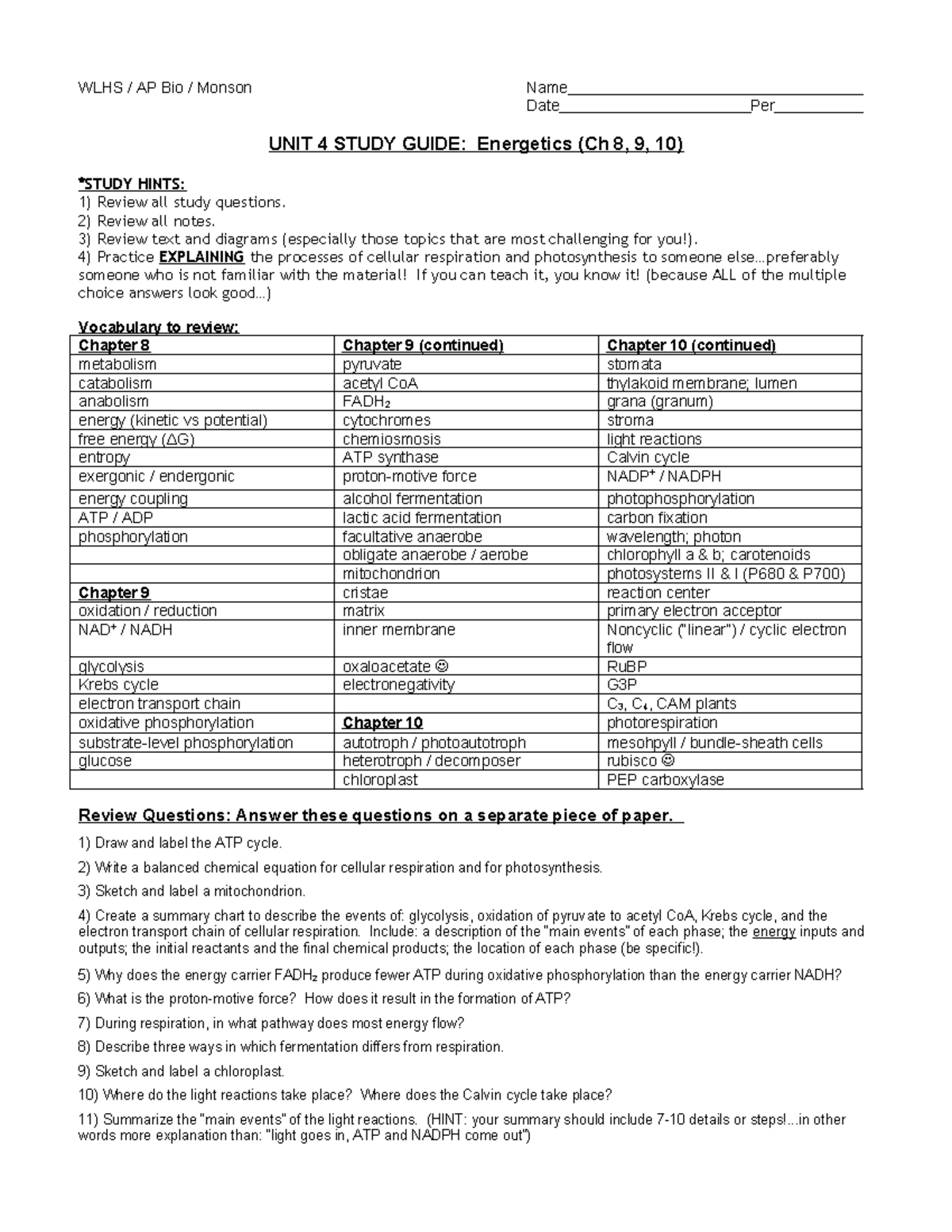 Handout - UNIT 4 Study Guide NEW - WLHS / AP Bio / Monson Name Date Per ...