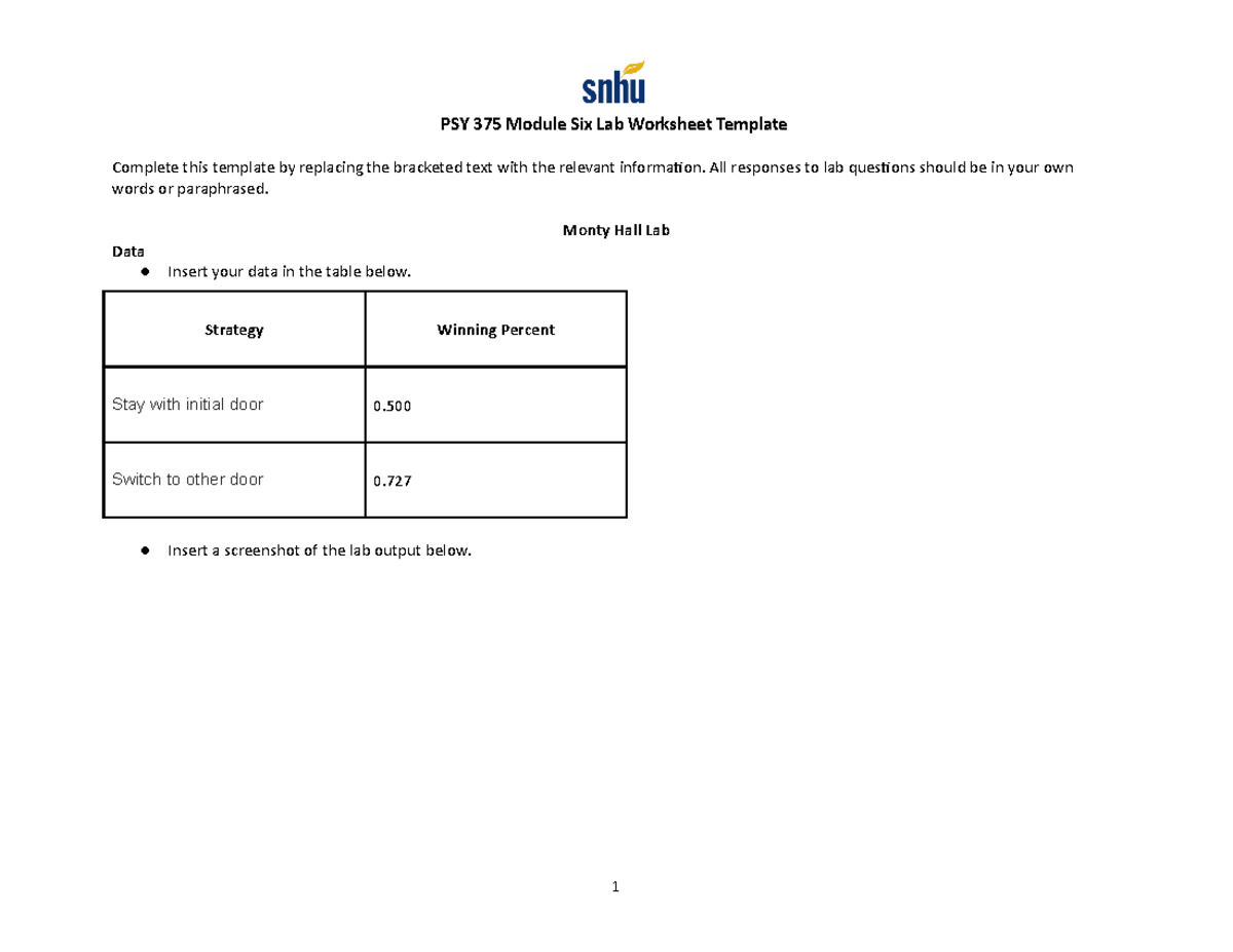 PSY 375 Module 6 Lab Worksheet: Monty Hall & Risky Decisions Analysis ...