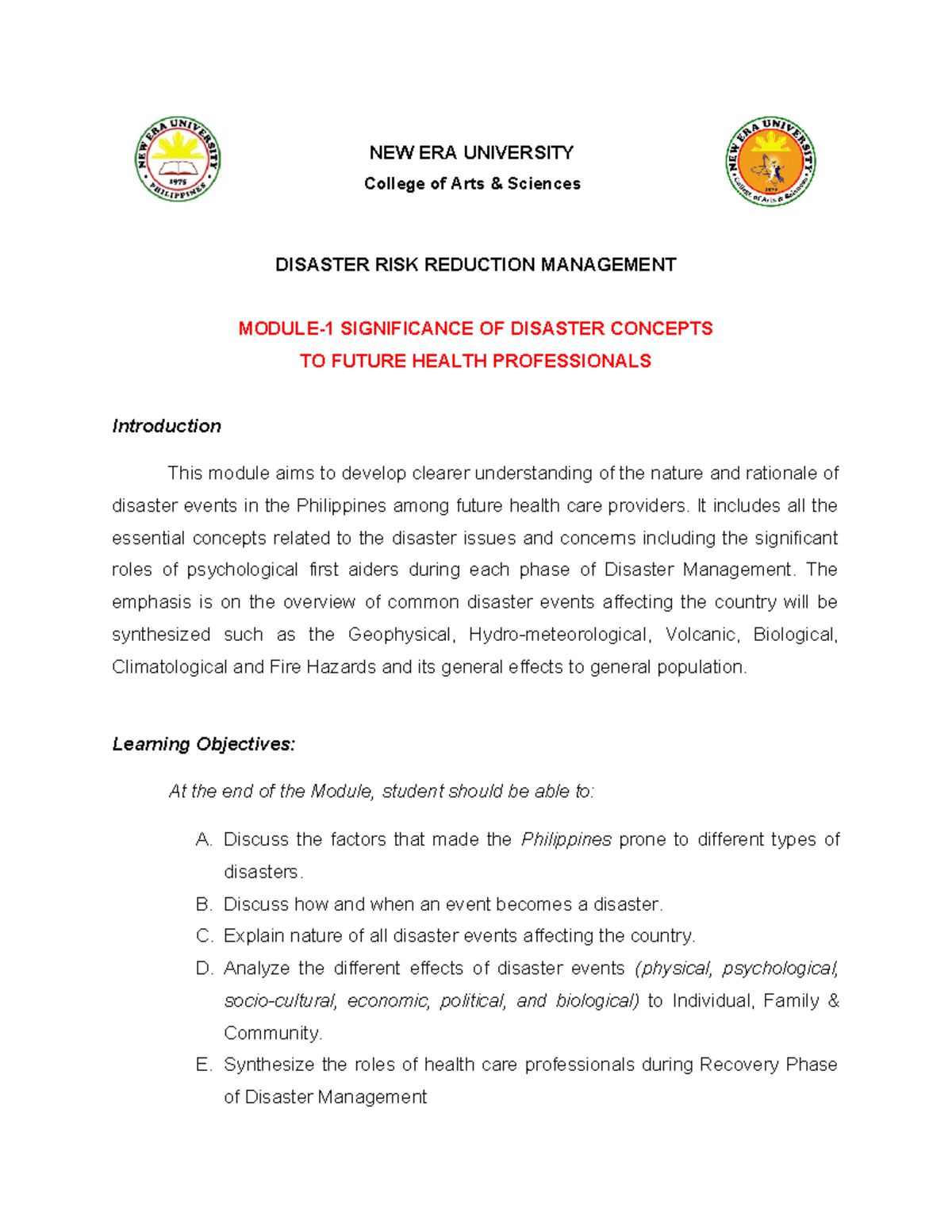Disaster Risk Reduction Mgmt: Module 1 - Significance of Concepts - Studocu