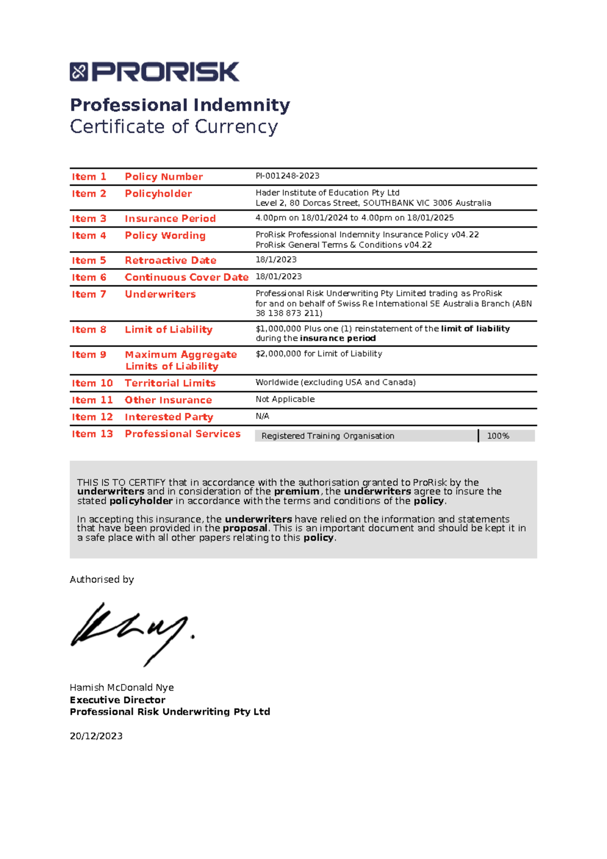 Updated RTO Certificate of Currency - Professional Indemnity Policy ...