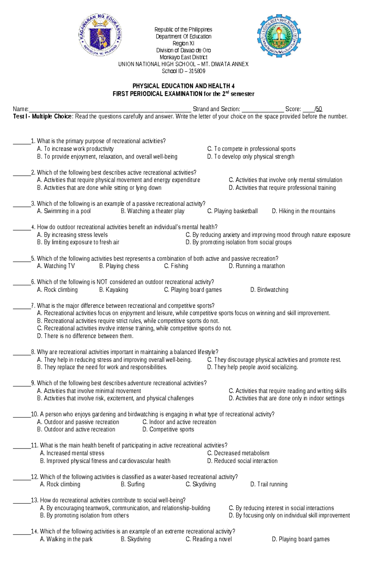 PEH 4 1ST PERIODICAL EXAM - Practice Questions and Answers - Studocu