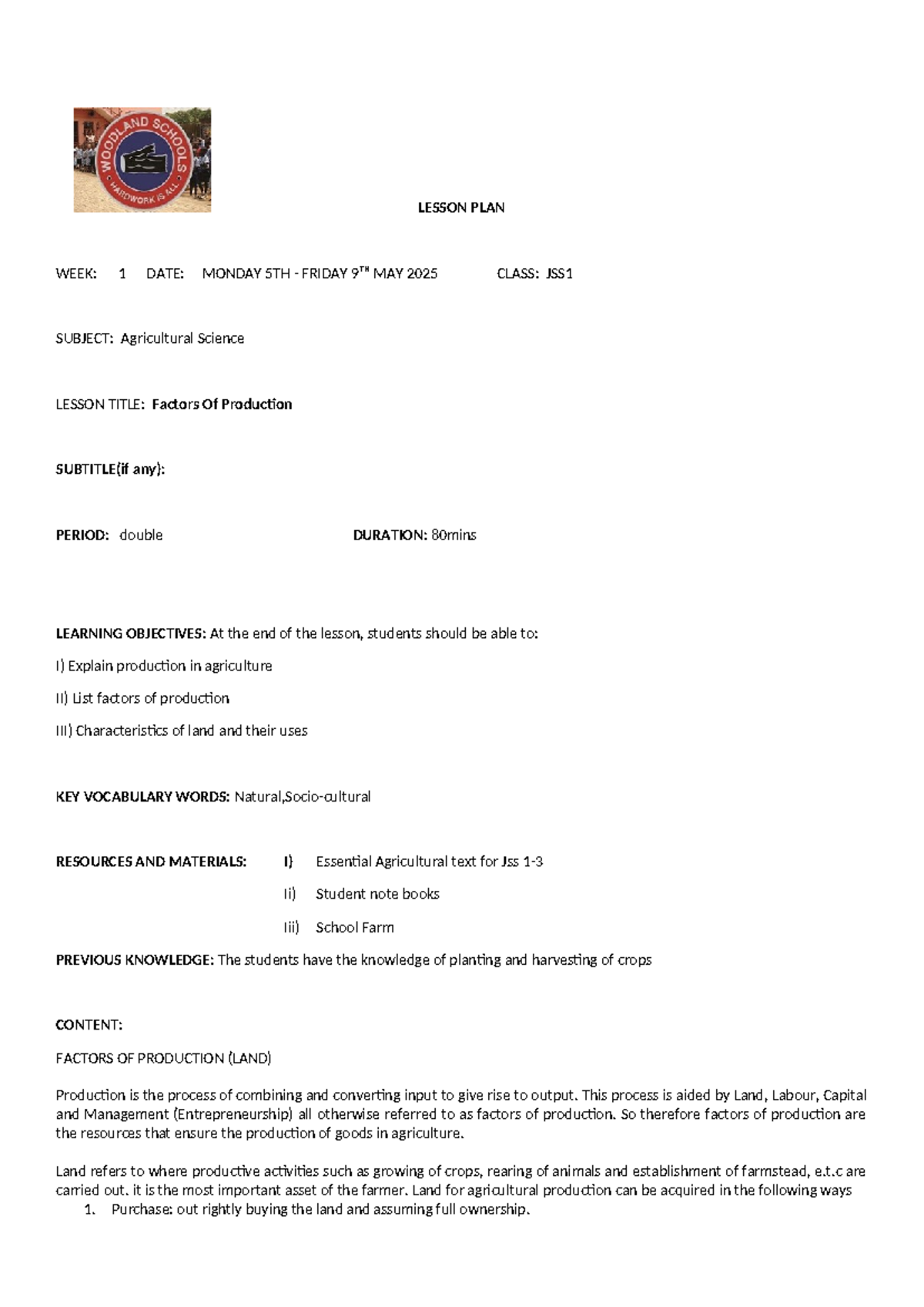 Agricultural Science Lesson Plan: Factors of Production & Farm Power ...
