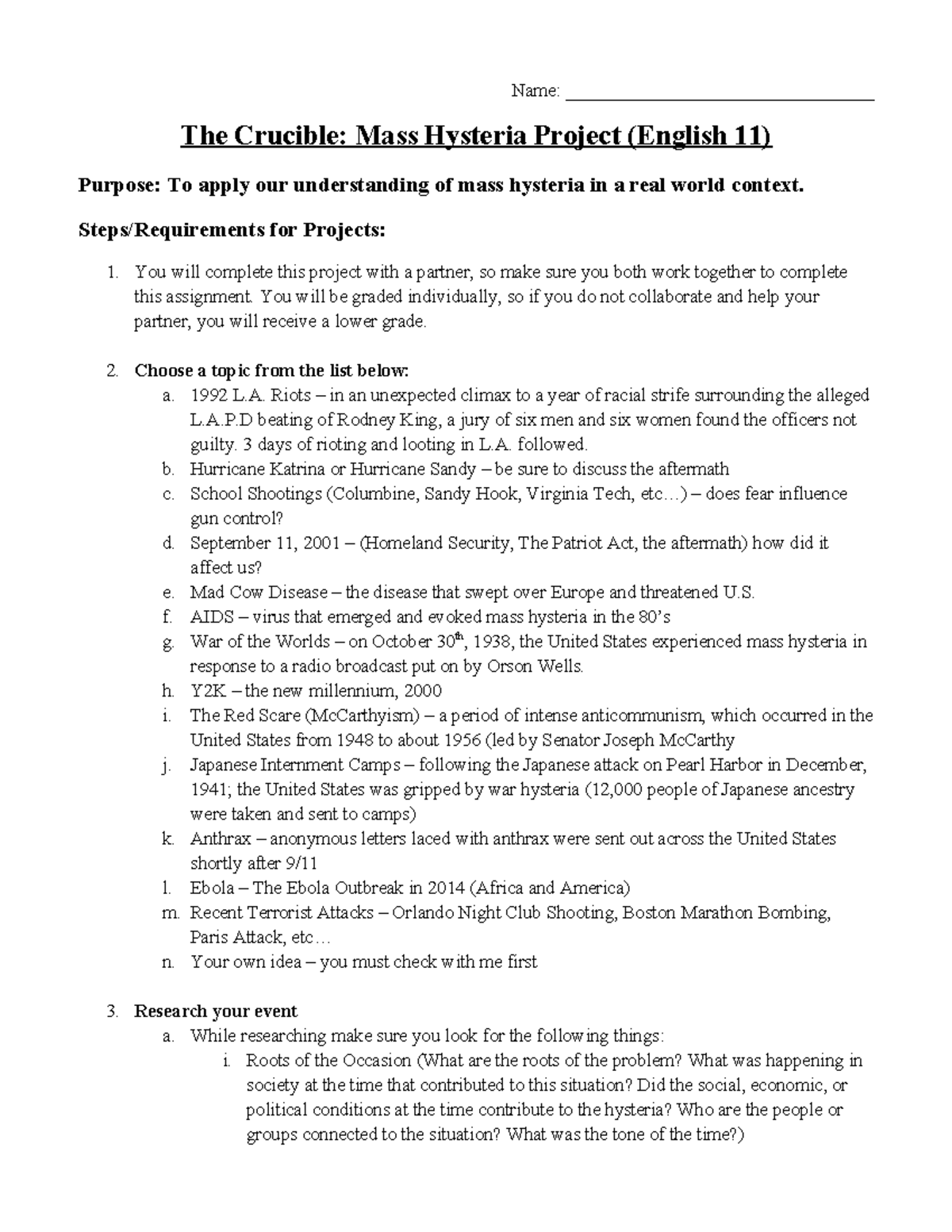 The Crucible: Mass Hysteria Project Guide (ENGL 11) - Studocu