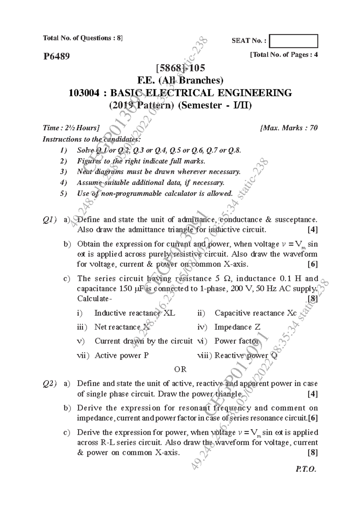 BEE 103004: Basic Electrical Engineering 2022 Exam Questions - Studocu