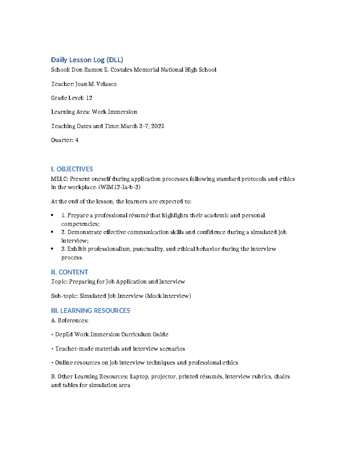 DLL Work Immersion: Mock Interview Preparation - Joan Velasco - Studocu