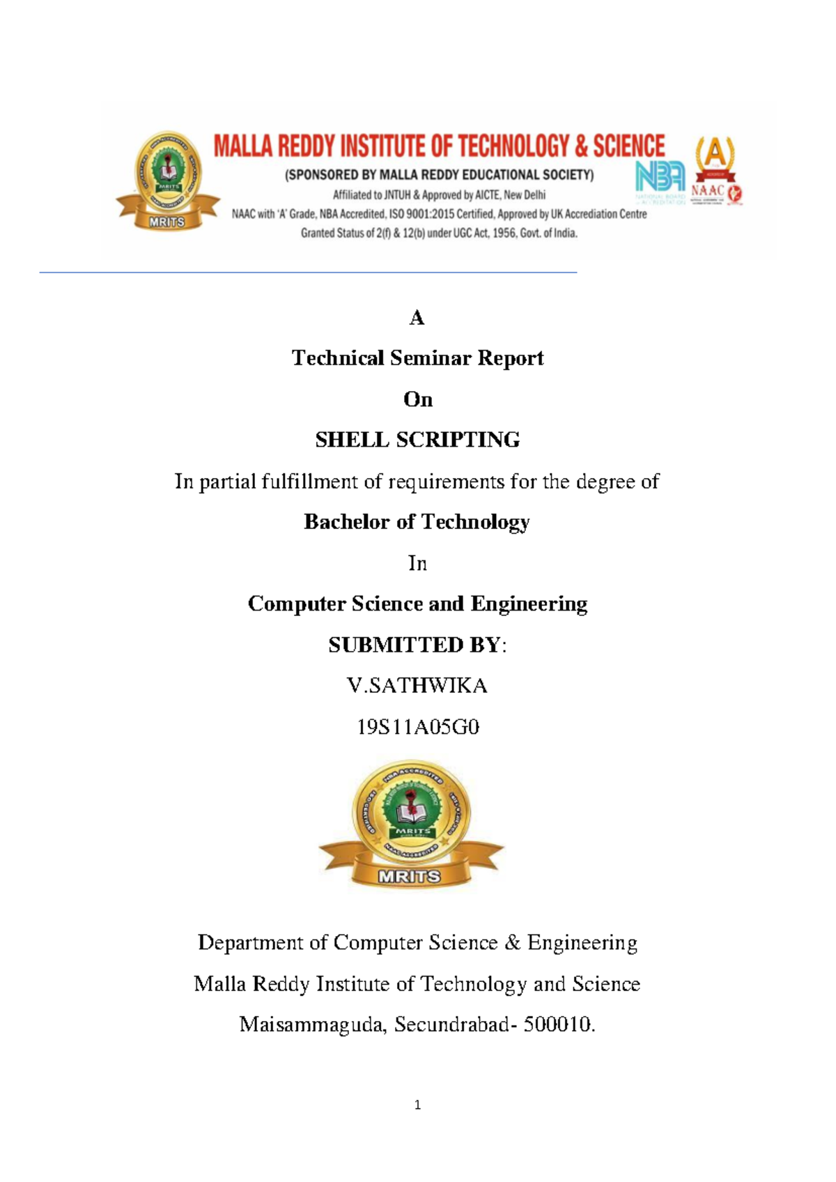 Sathwika script doc - A Technical Seminar Report On SHELL SCRIPTING In ...