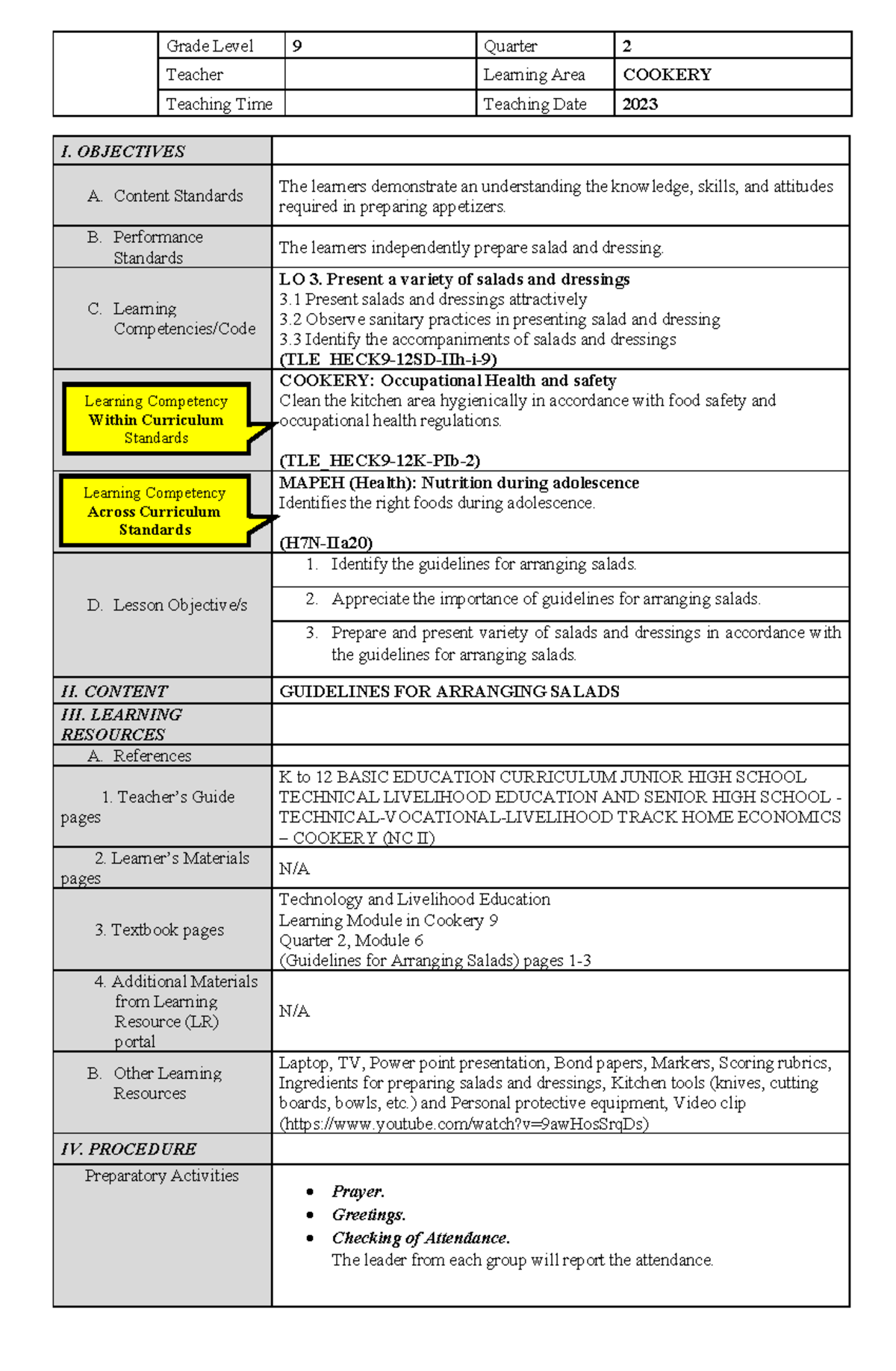 Cookery 9 Quarter 2 Lesson Plan: Mastering Salad Preparation - Studocu