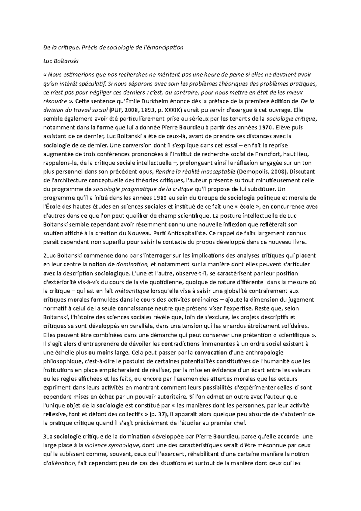 De la critique Precis de sociologie de lemancipation Luc Boltanski ...