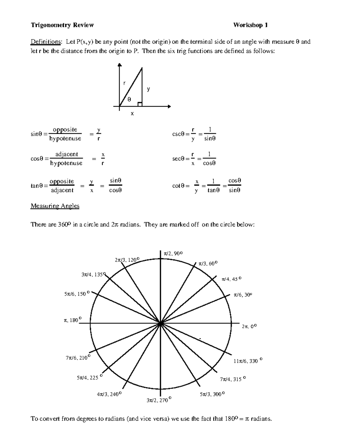 Trigonometry Review Workshop Notes: Concepts & Practice Sets - Studocu