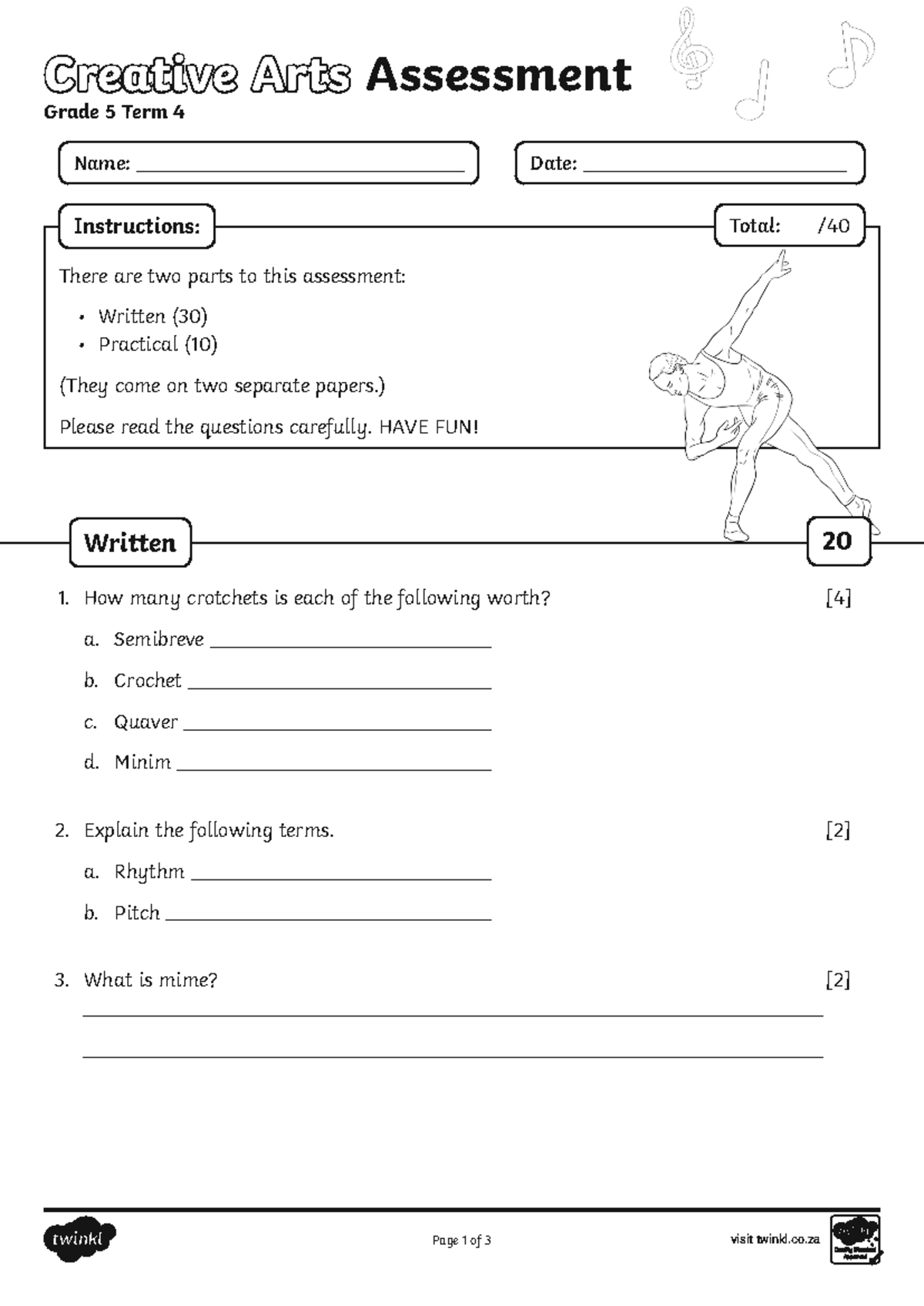 Grade 5 Creative Arts Term 4 Assessment & Memo (Black & White) - Studocu
