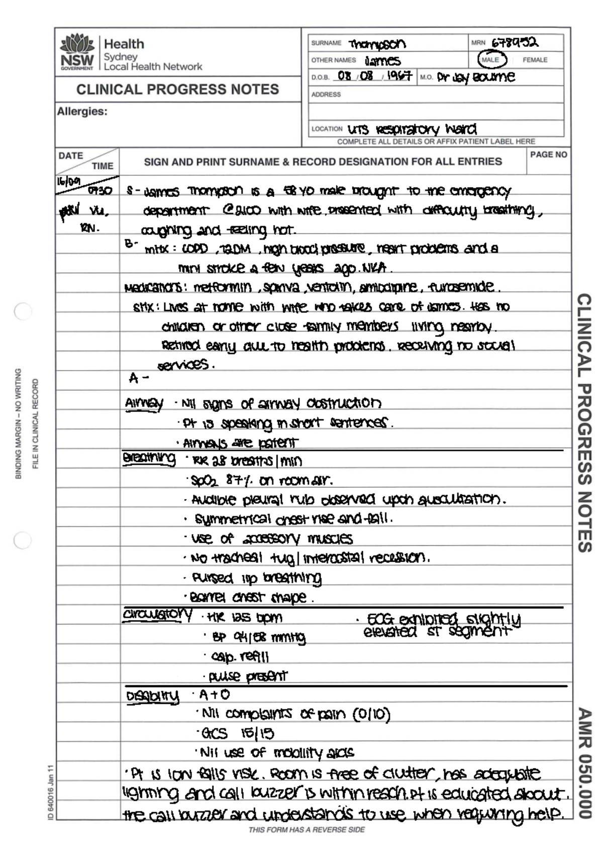 Clinical Progress Notes for Patient James Thompson (678952) - Studocu