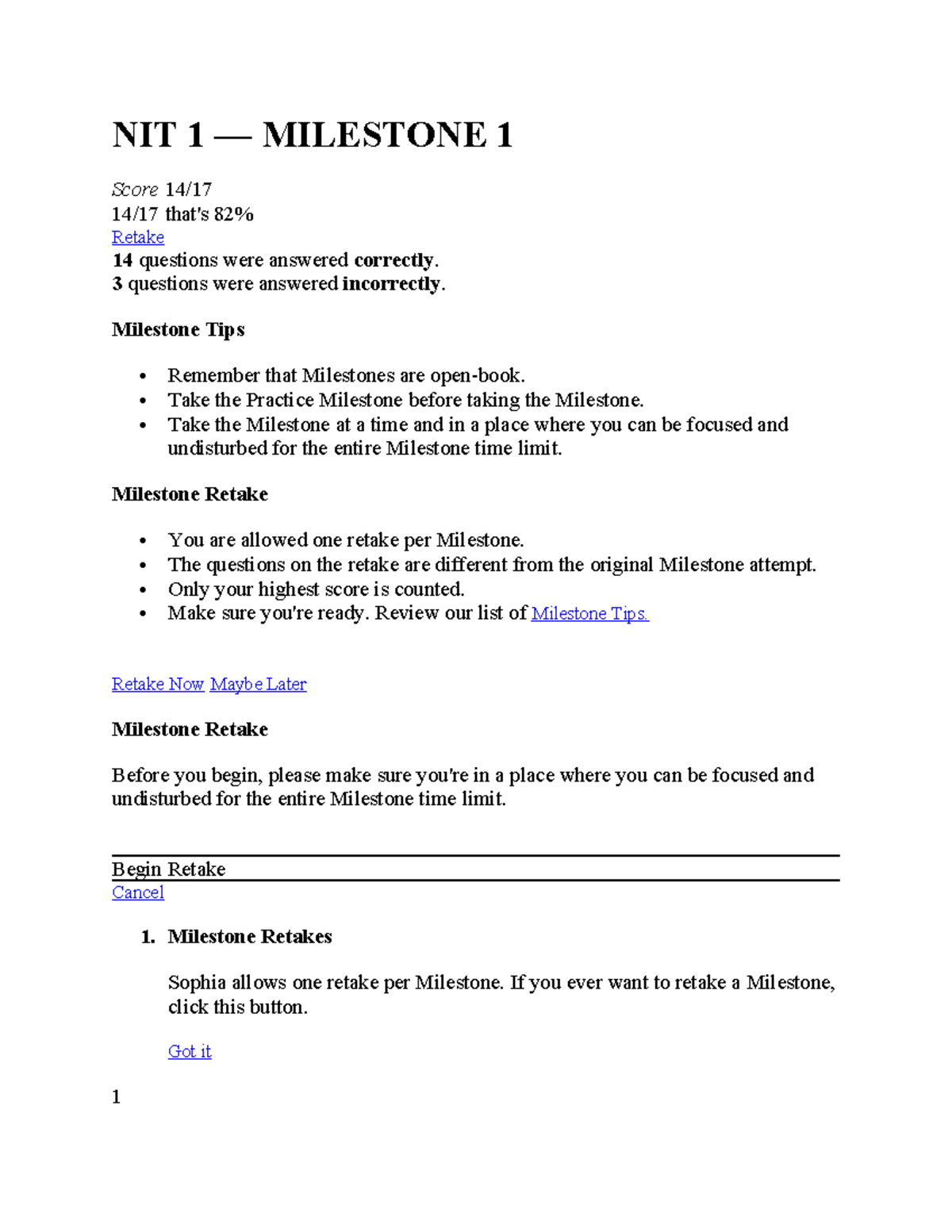 Cal milestone 1 - NIT 1 — MILESTONE 1 Score 14/ 14/17 that's 82% Retake ...