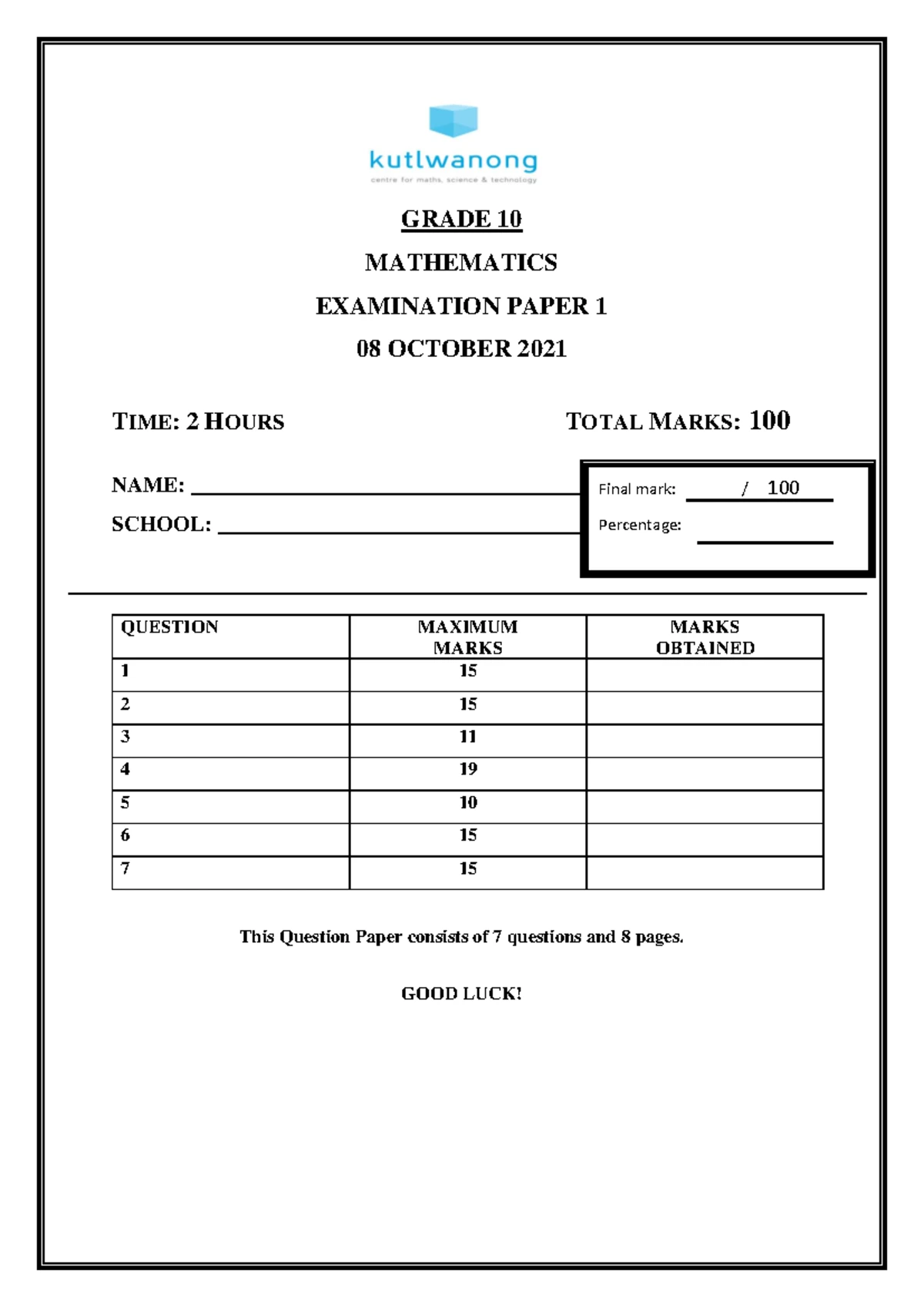 Grade 8 LO Term 2 - 2018 Final Exam Paper - Studocu