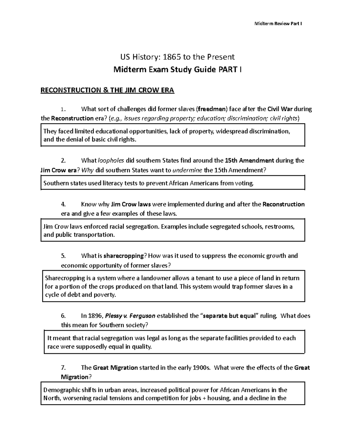US History Midterm Review Part I: Reconstruction & Jim Crow Era '26 ...