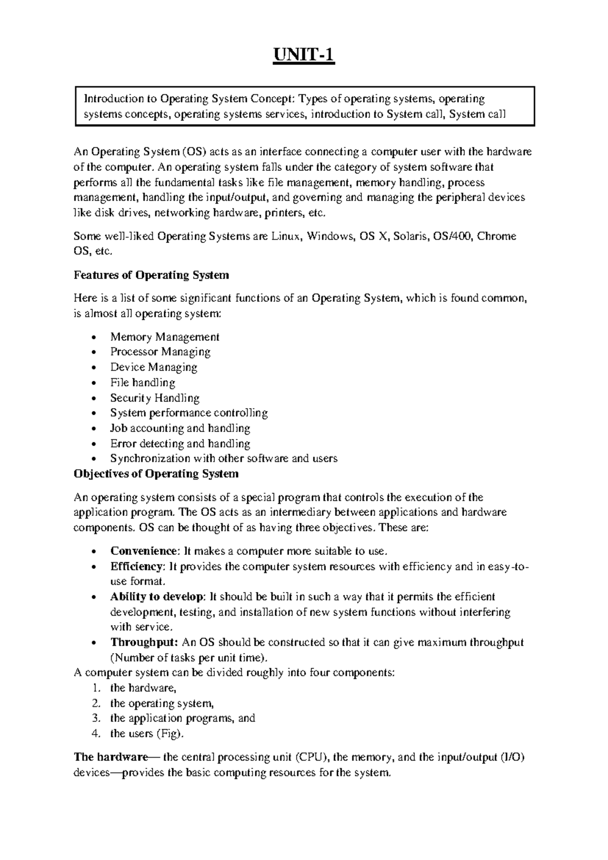 OS UNIT-1: Introduction to Operating System Concepts and Types - Studocu