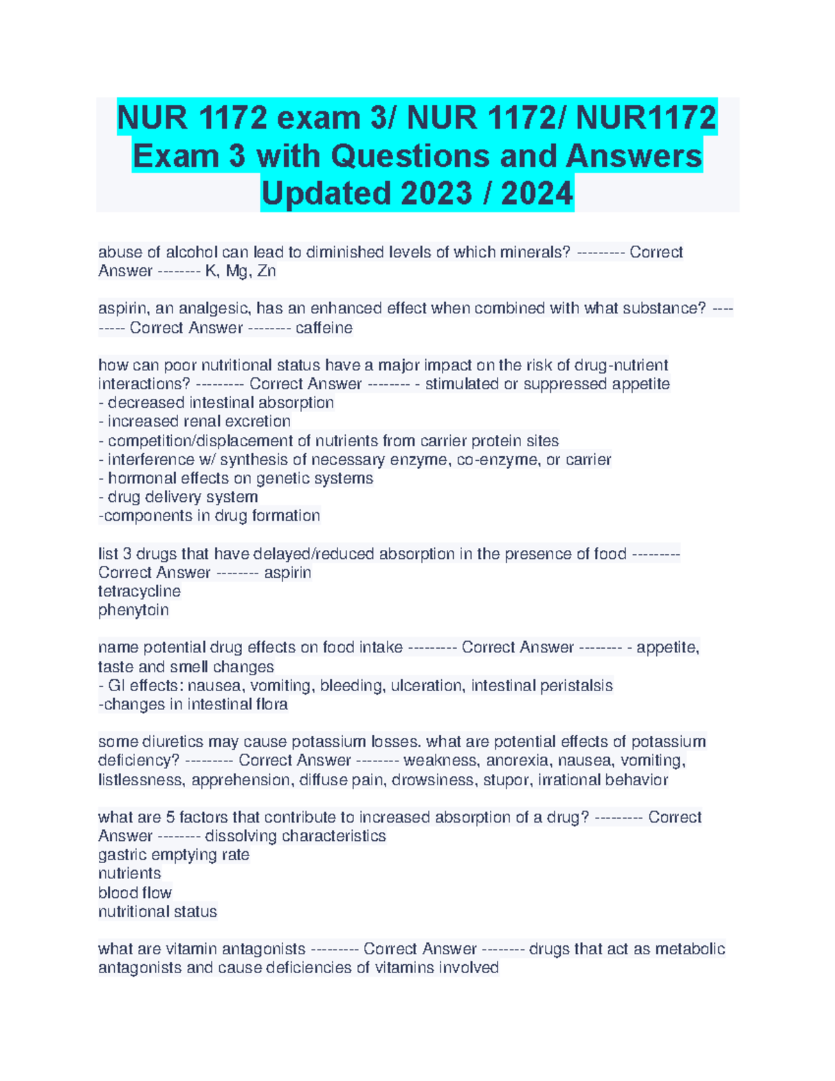 NUR 1172 Exam 3 - Updated Q&A for 2023/2024 with Correct Answers - Studocu