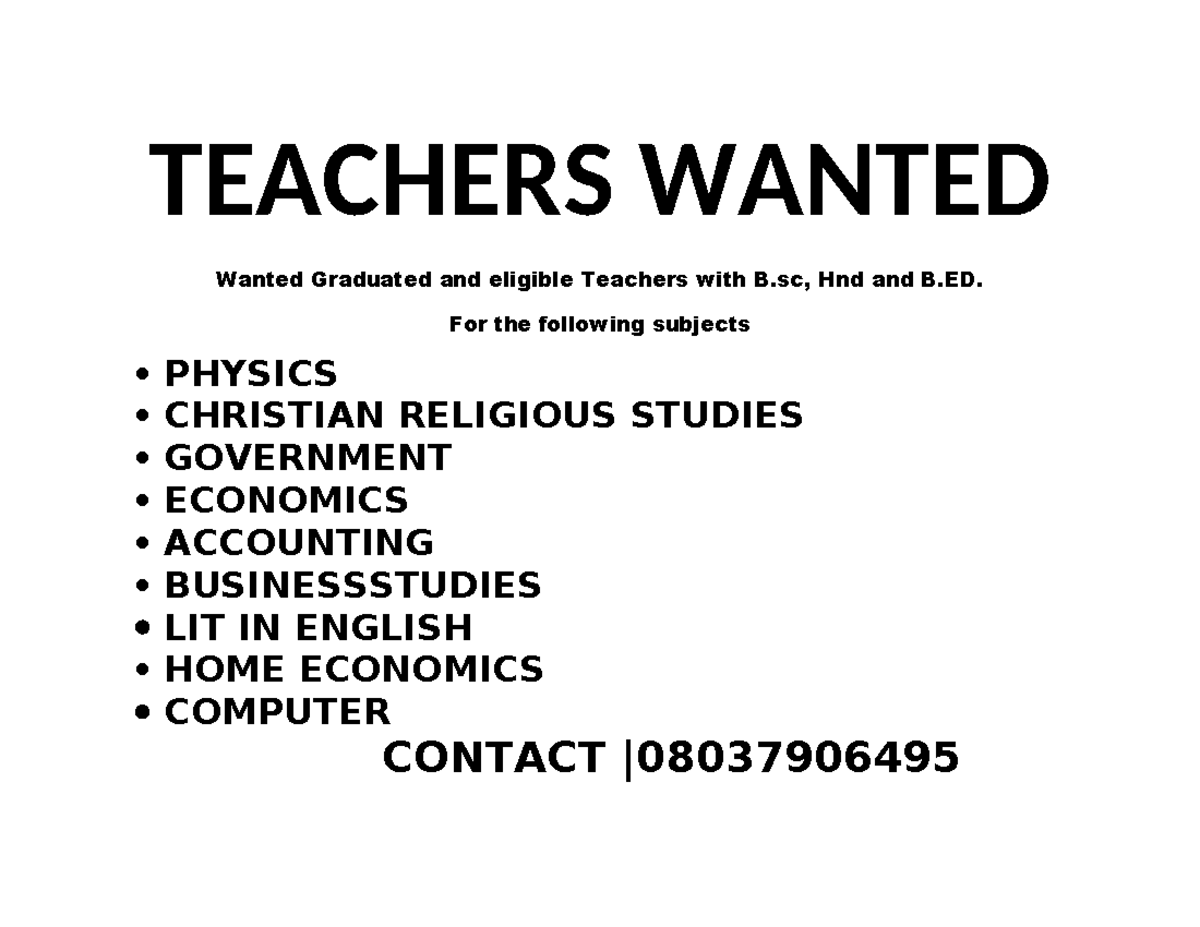Teachers Wanted - lesson - Christian Living - TEACHERS WANTED Wanted ...