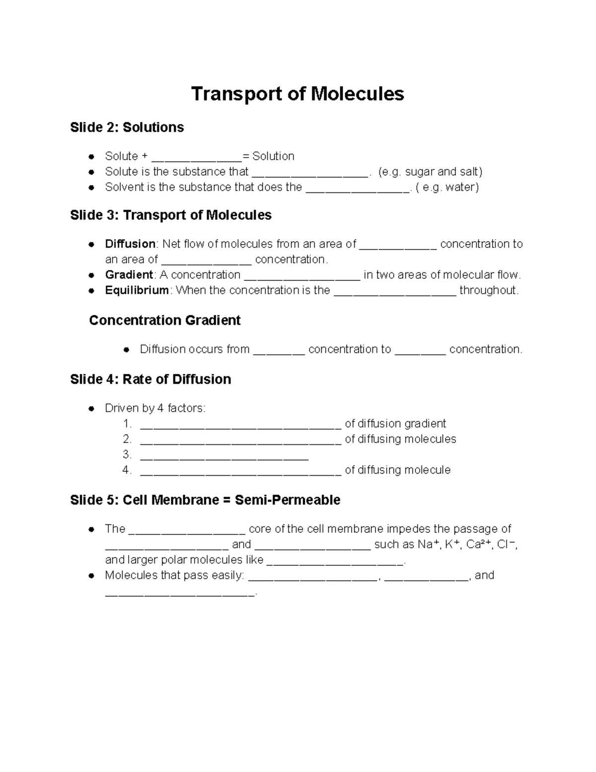 Transport of Molecules: Diffusion and Membrane Dynamics - Studocu