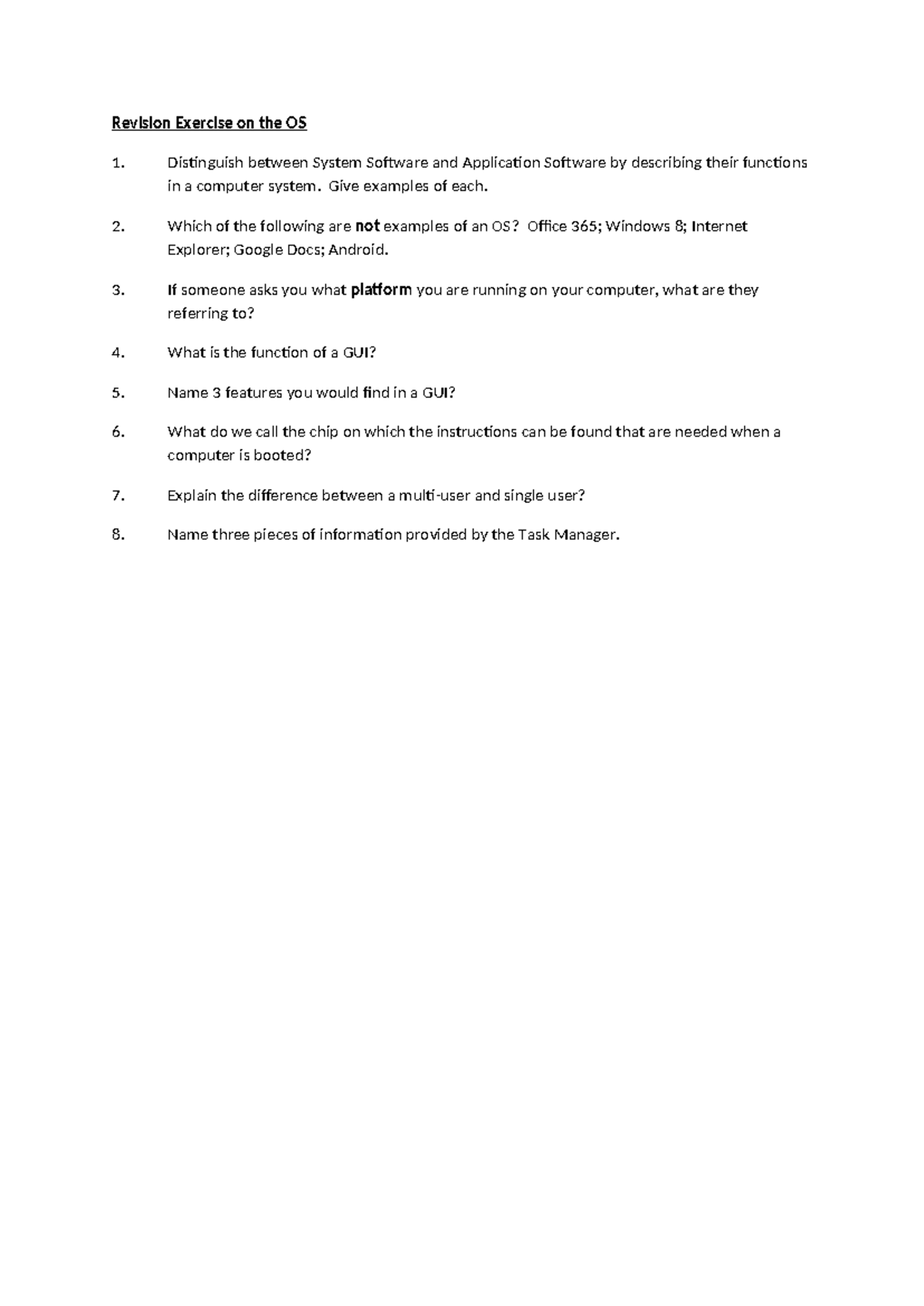 OS 1 Revision Exercise: System vs Application Software - Studocu