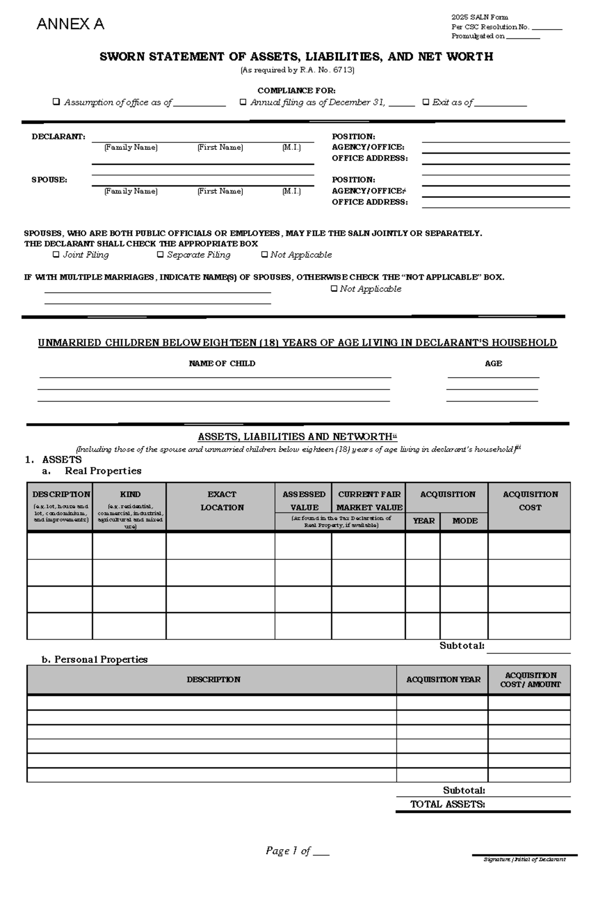 2025 SALN Annexes Compliance Documents for Public Officials - Studocu