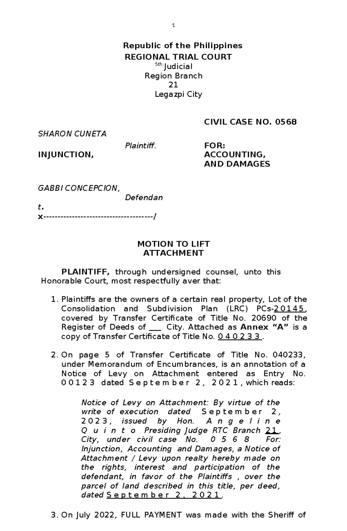Motion to Discharge Writ of Attachment - Civil Case No. 0568 - Studocu