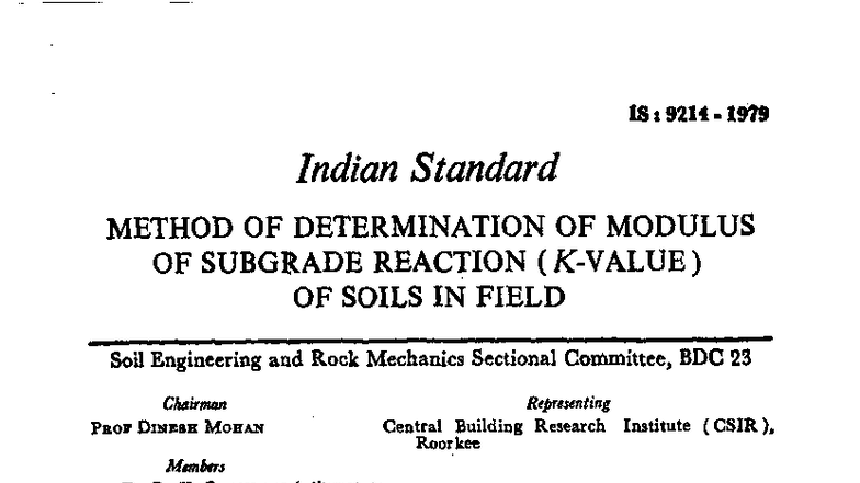 IS 9214-1979 - Method for Determining Modulus of Subgrade Reaction ...