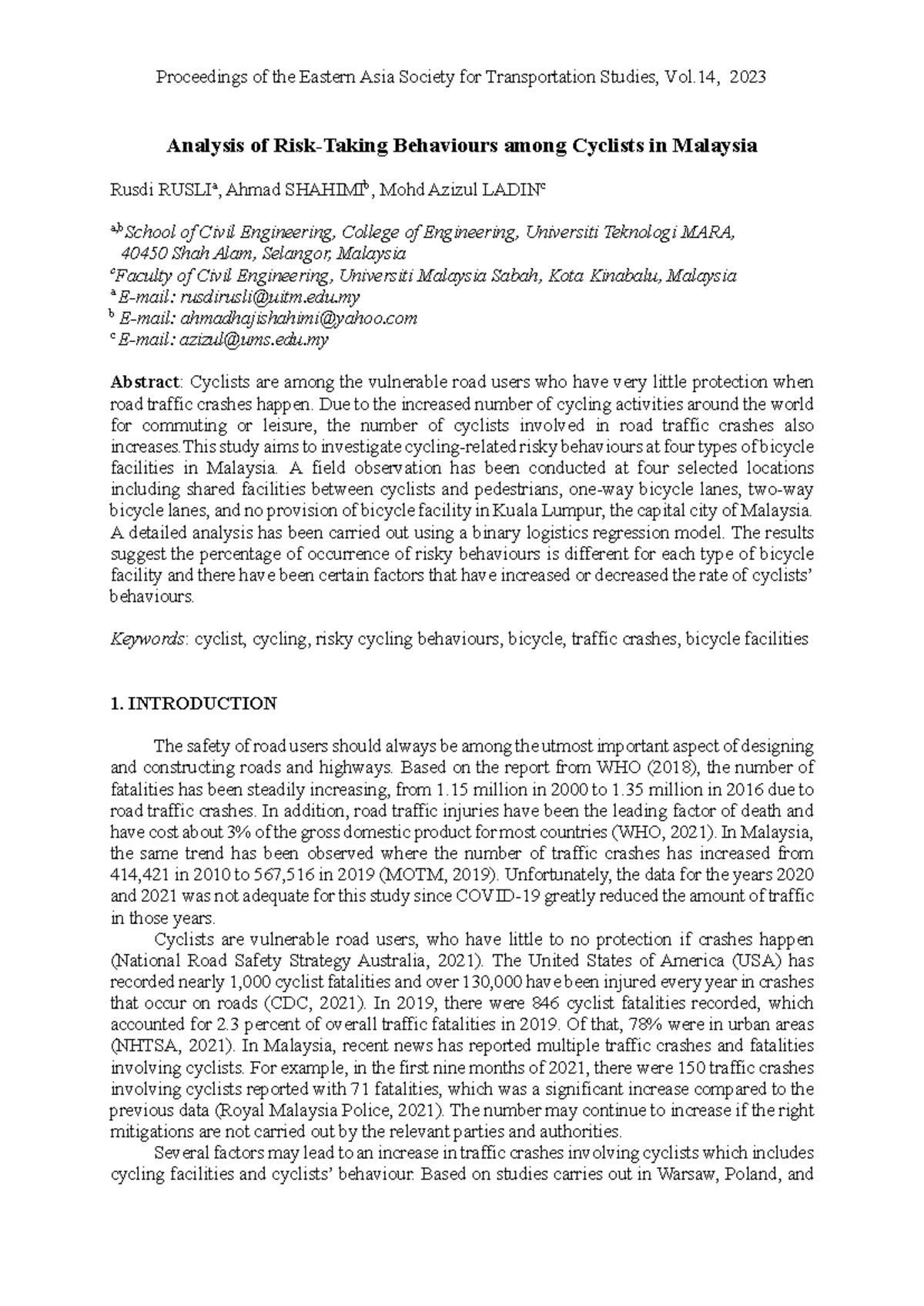 PP3639 - Analysis of Risky Cycling Behaviours in Malaysia - Studocu