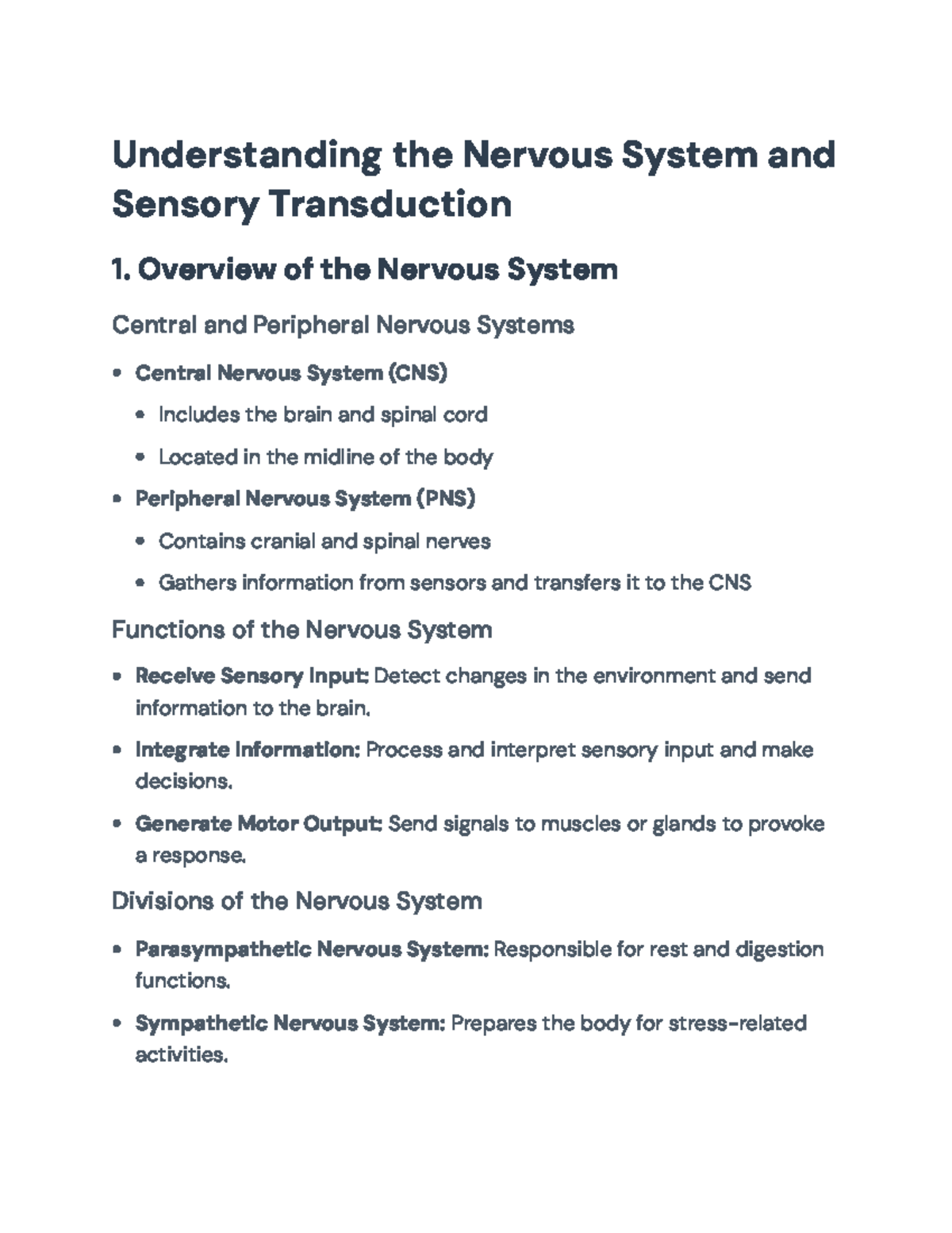 Nervous System Overview and Sensory Transduction Guide - BIO101 ...