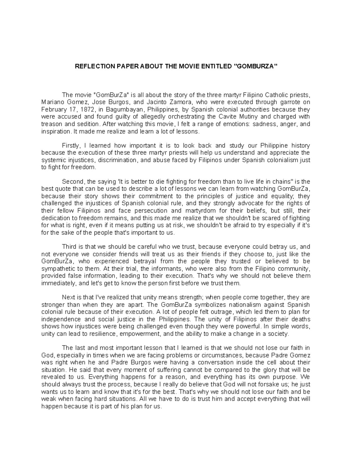GOMBURZA - Reflection Paper on Martyrdom and Filipino Nationalism - Studocu