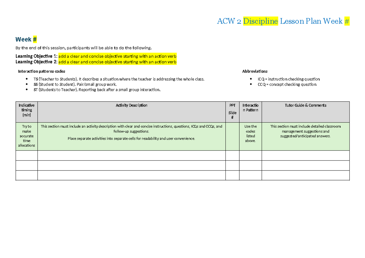 ACW2 Lesson Plan Template - ACW 2 Discipline Lesson Plan Week Week By ...