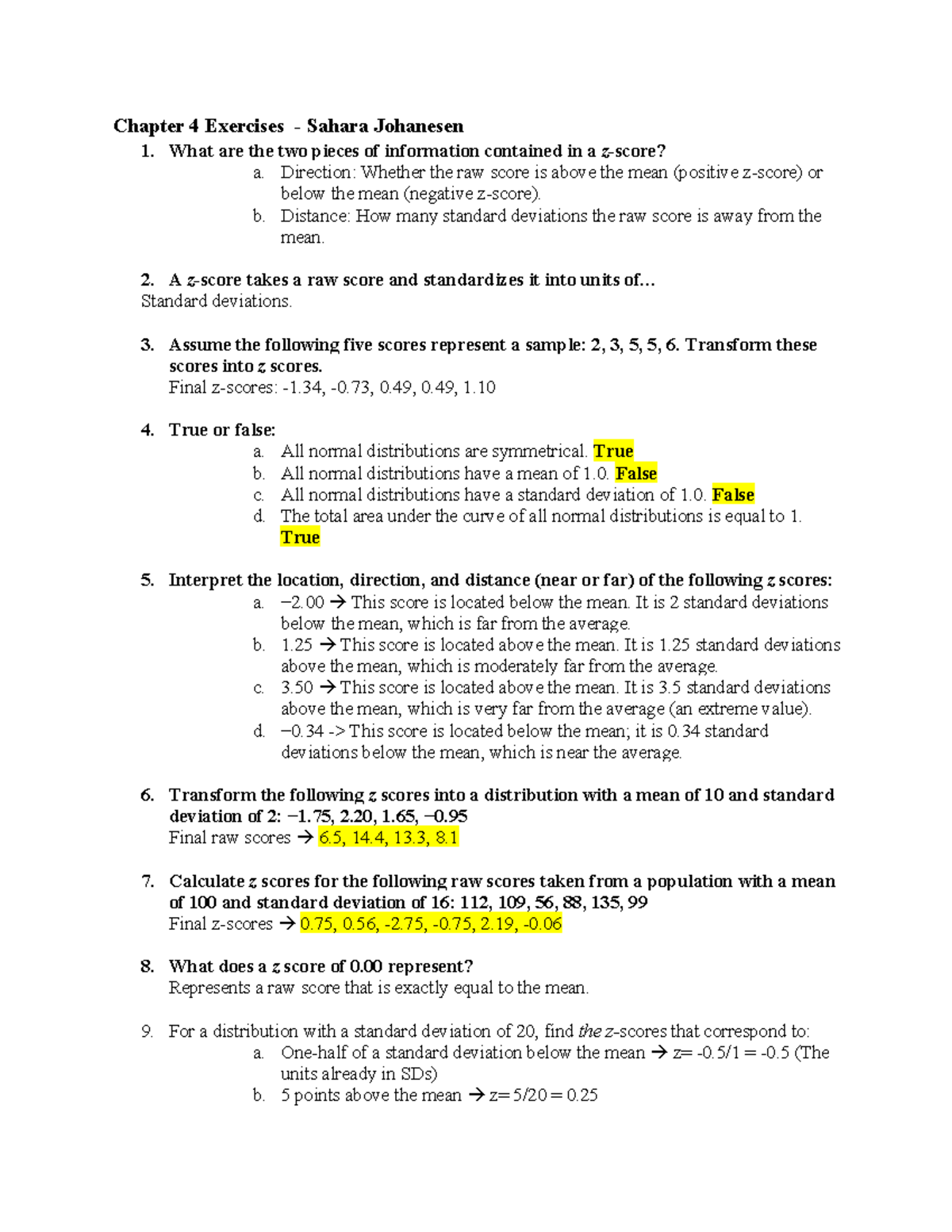 Chapter 4 Exercises on Z-Scores & Normal Distribution Analysis - Studocu