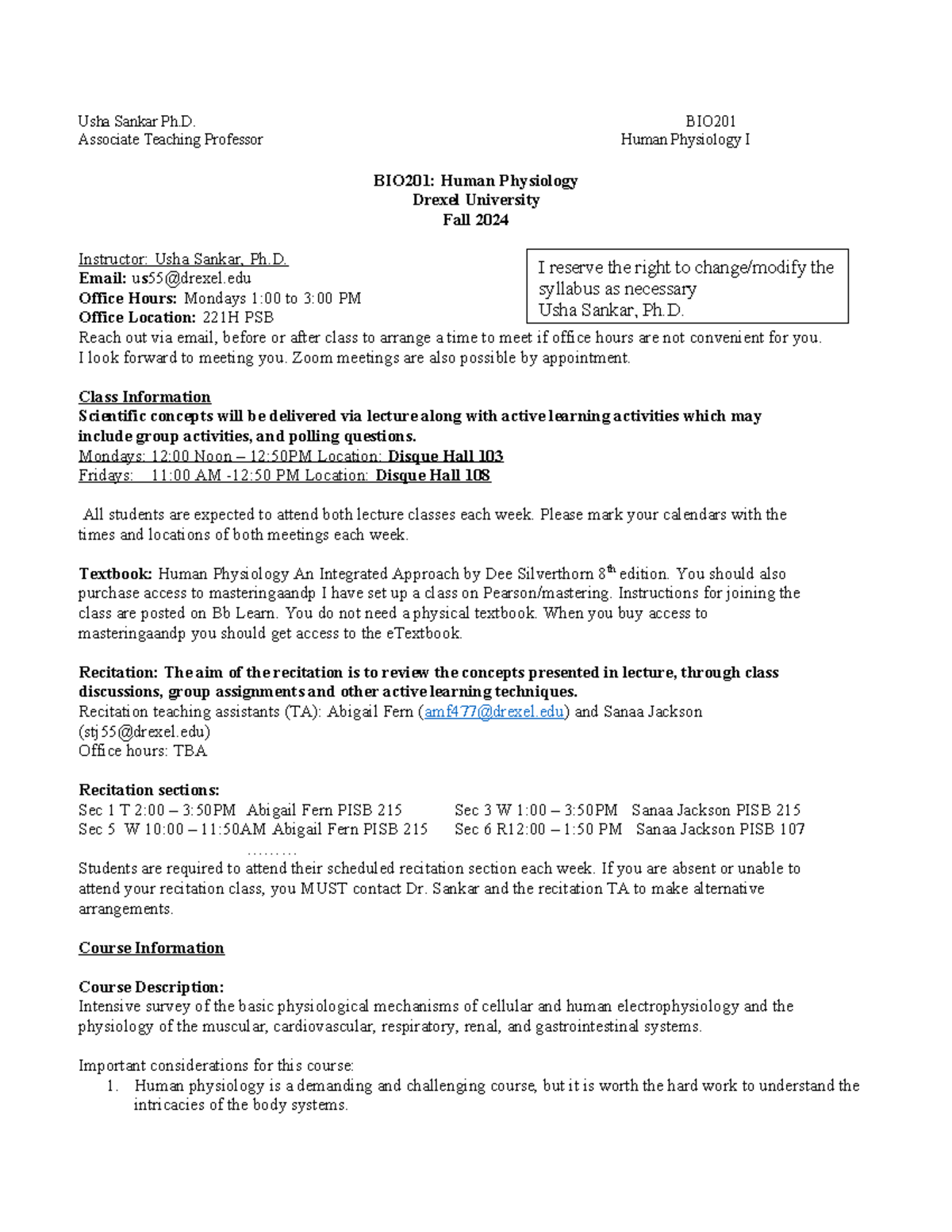 BIO201 F24 Human Physiology I Course Syllabus & Objectives - Studocu