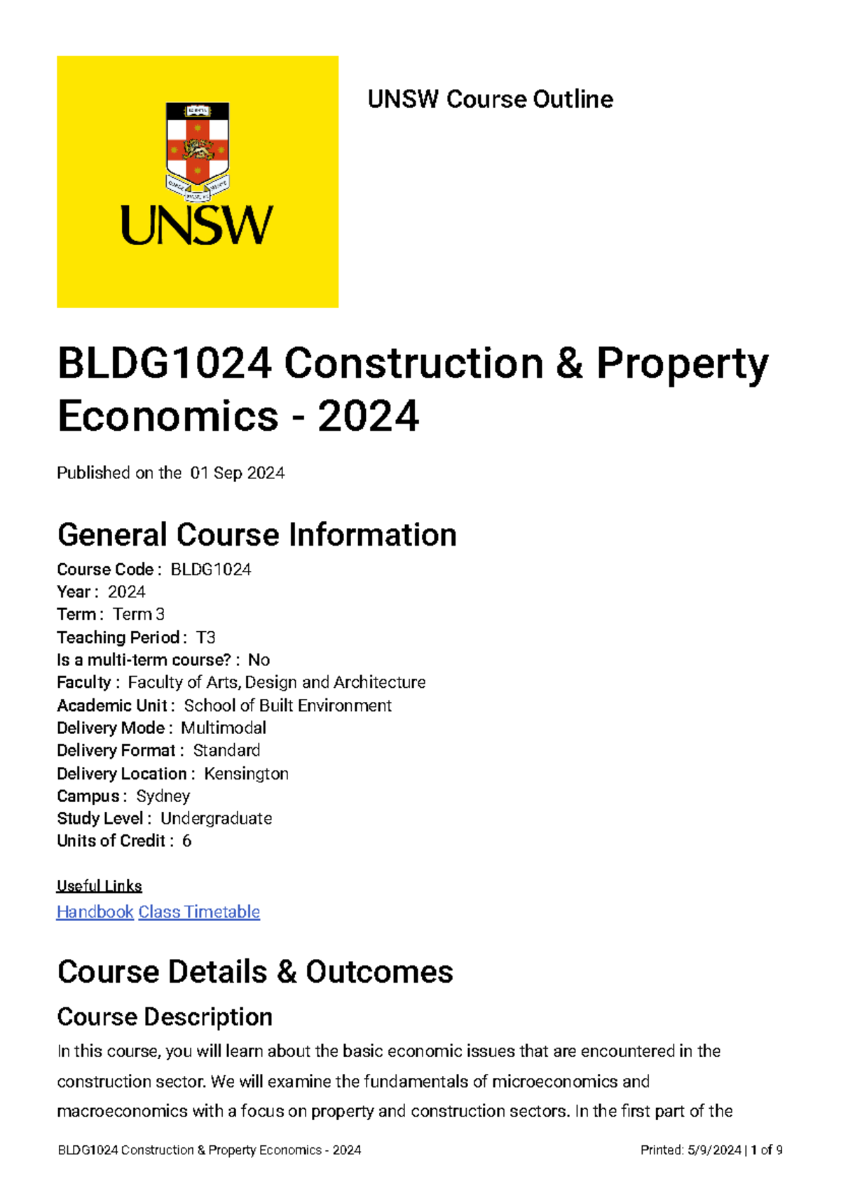 BLDG1024 Course Outline: Construction Property Economics 2024 - Studocu