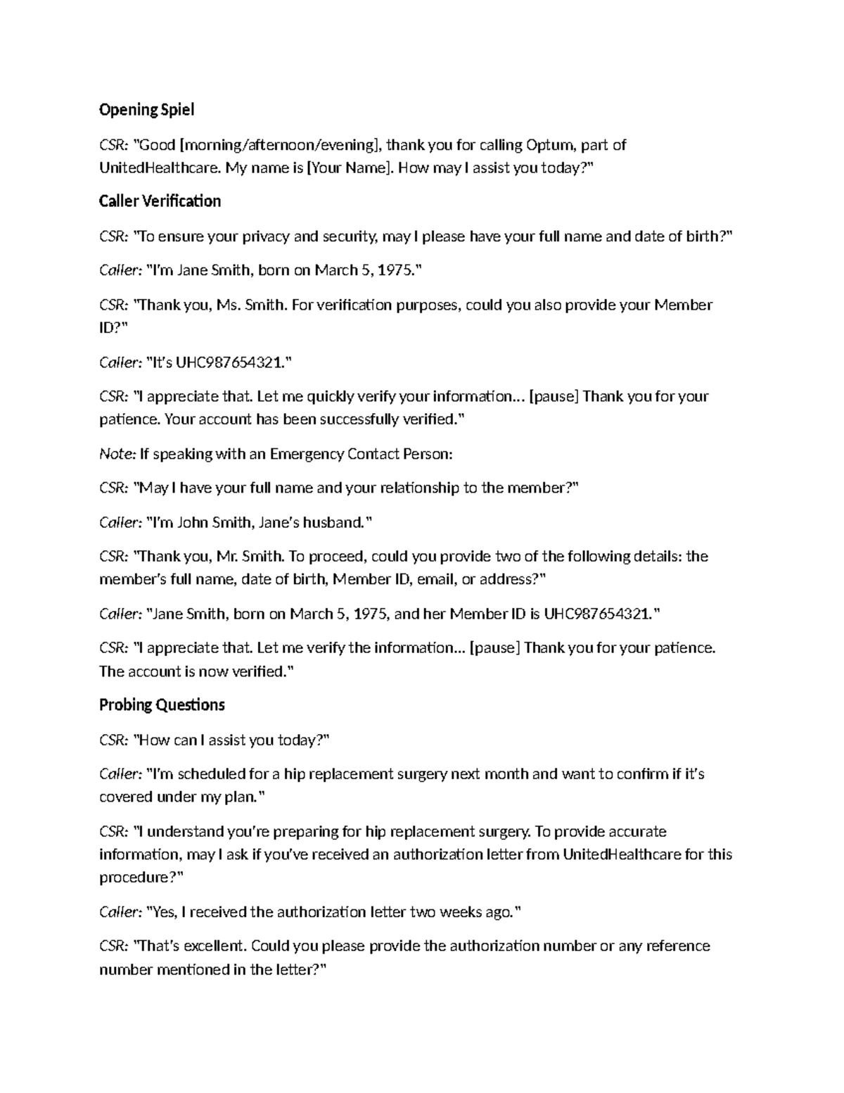 Mock Call Script for CSR Training: Healthcare Coverage Inquiry - Studocu