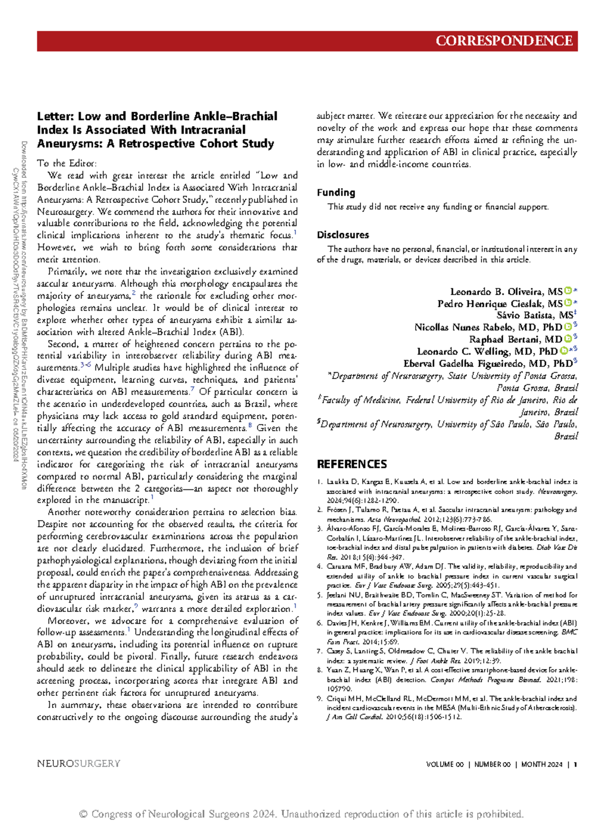 Letter low and borderline ankle brachial index is - Letter: Low and ...