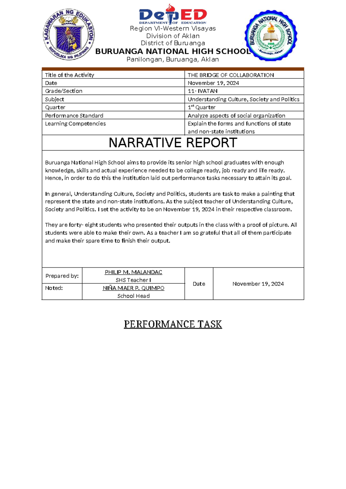 Narrative Report on Performance Task in UCSP 1st Quarter - Studocu