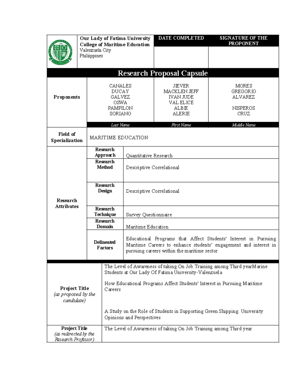 Research Proposal: OJT Awareness Among 3rd Year Marine Students at OLFU ...